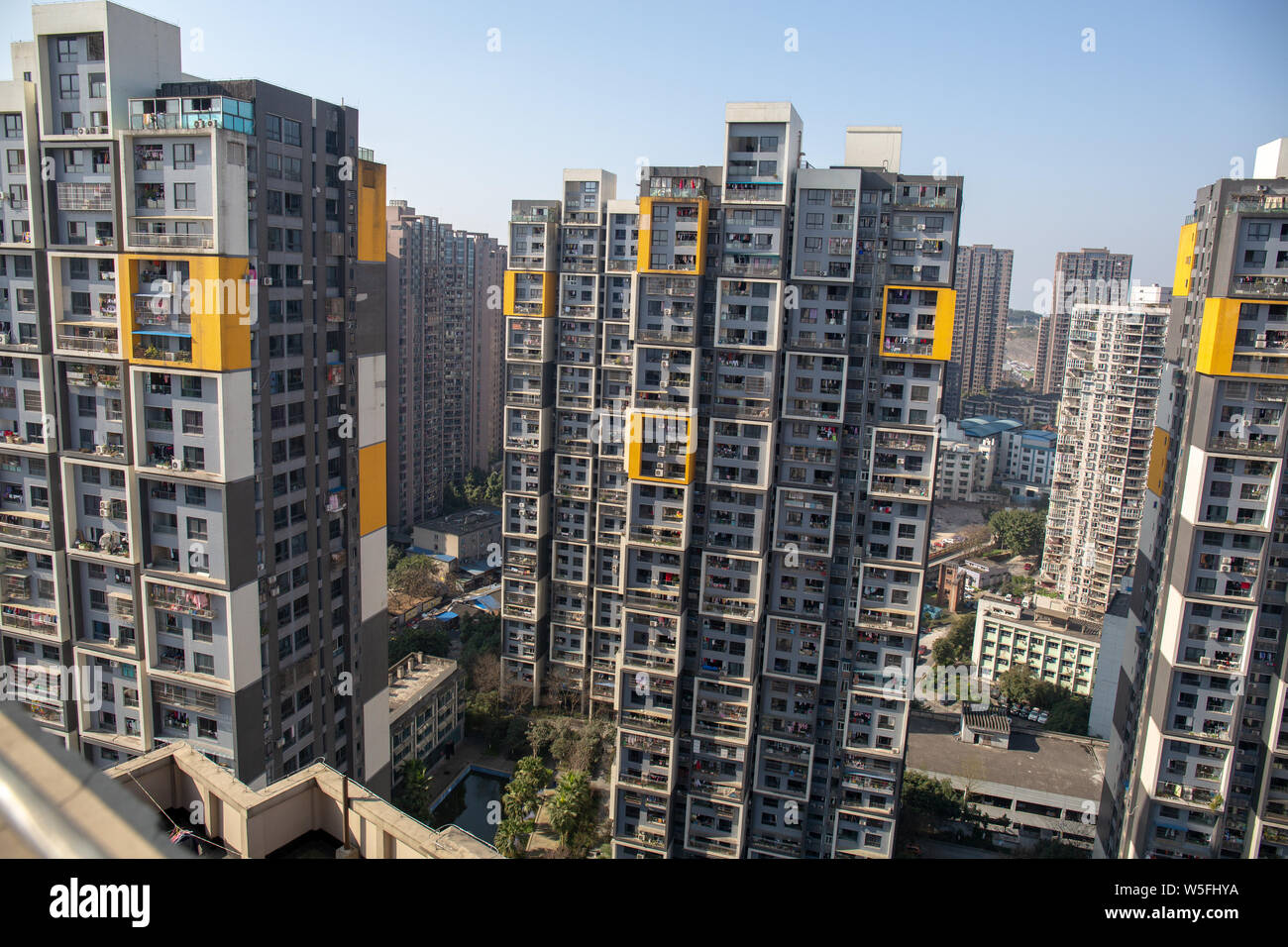 The residential building featuring shape of pile-up of blocks is seen ...