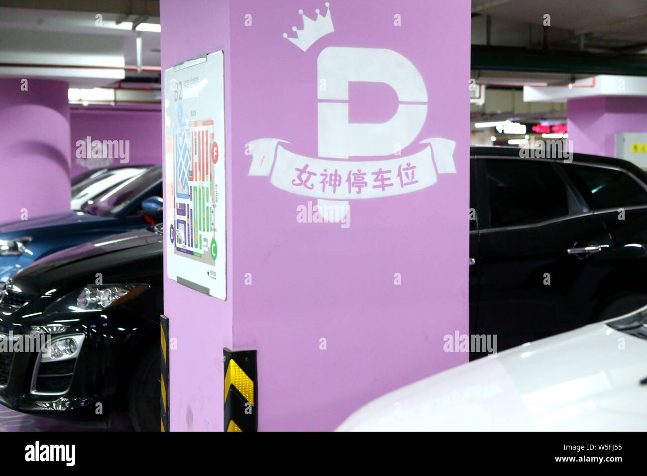 View of pink parking spaces for female drivers in the parking lot of a ...