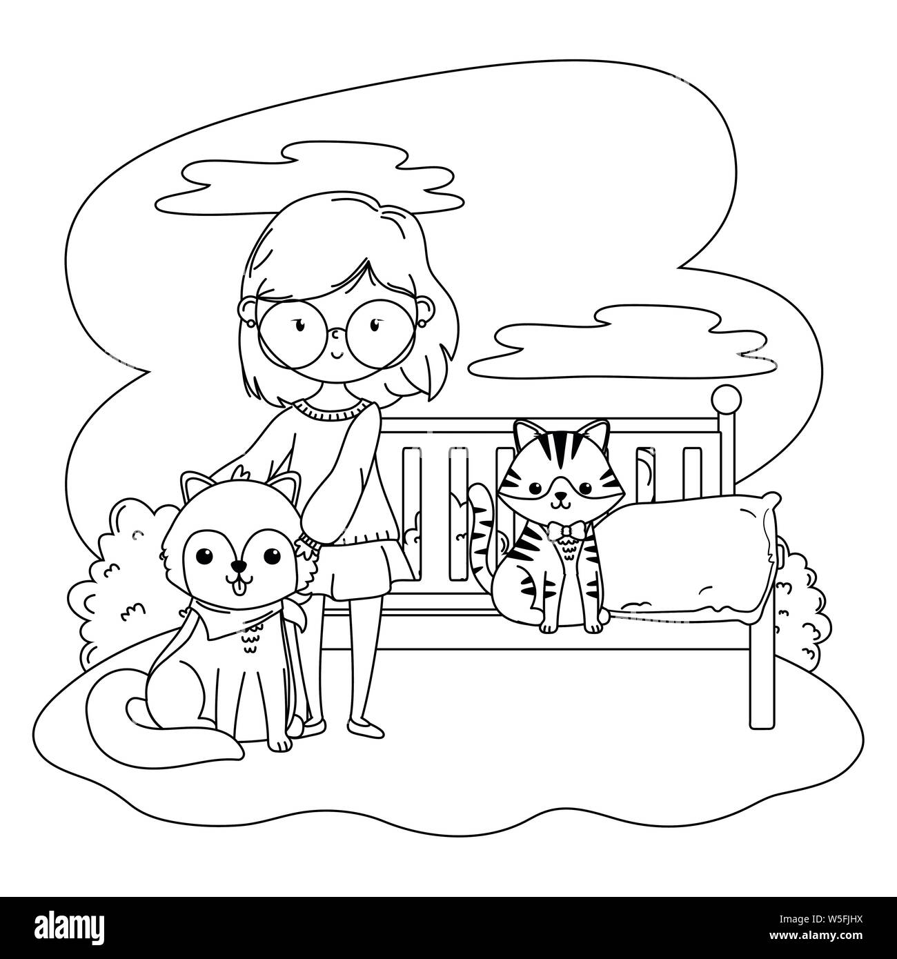 Girl with cat and dog cartoon design, Mascot pet animal domestic cute ...