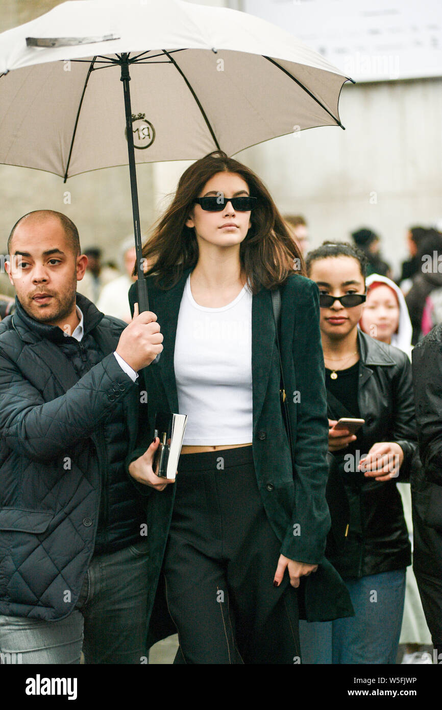 American model and actress Kaia Gerber poses during Paris Fashion Week ...