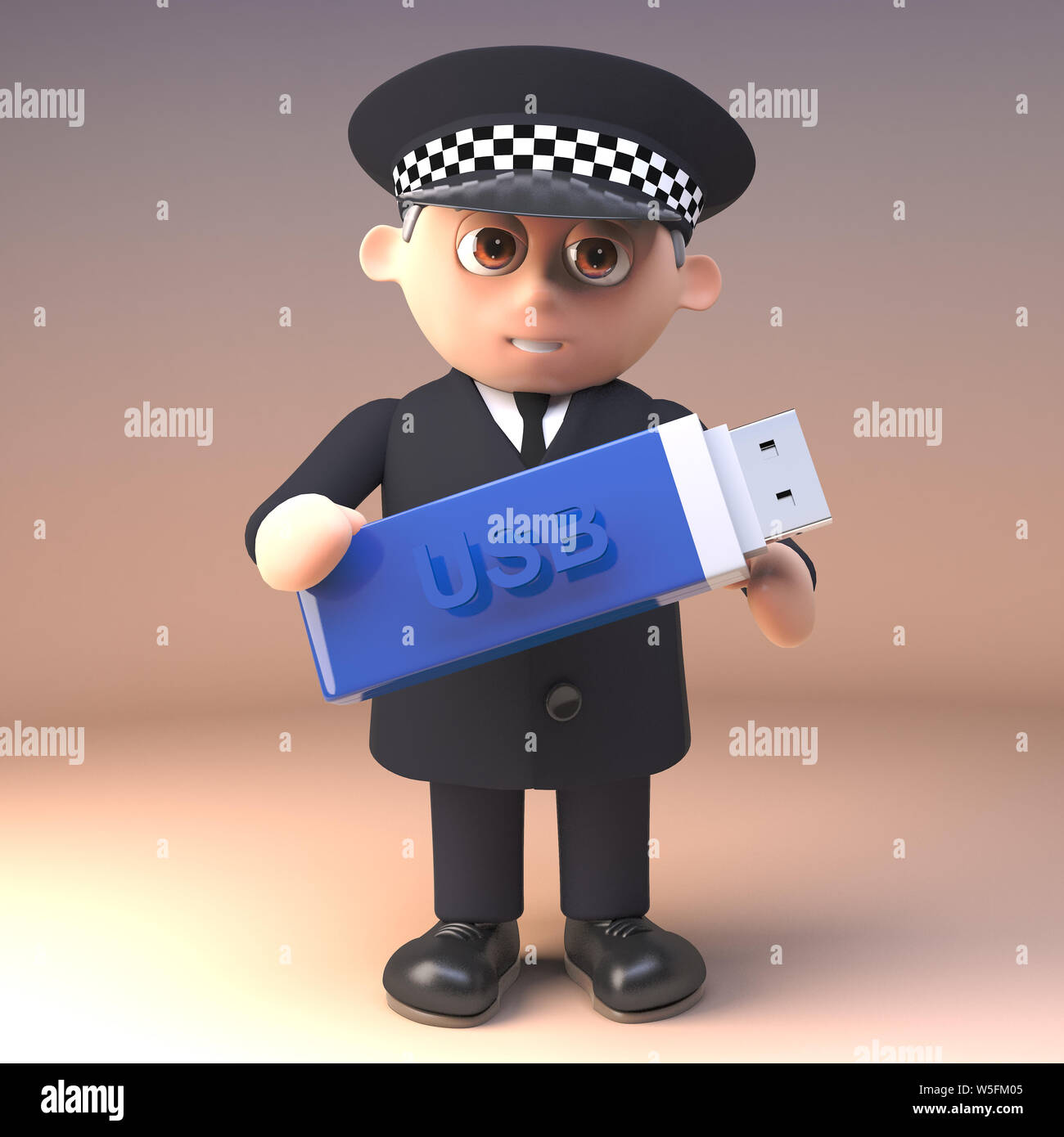 Cartoon policeman police officer in 3d carrying a thumb drive usb ...