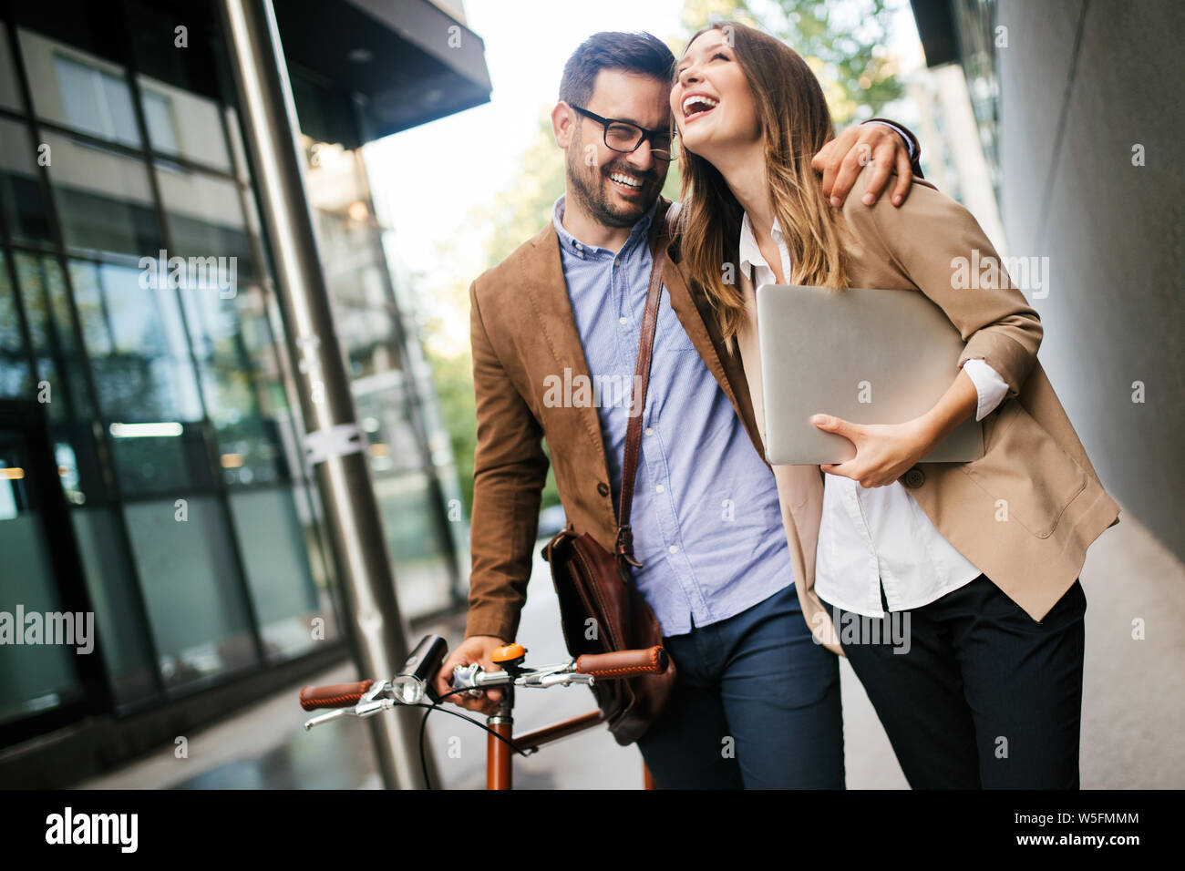 Office woman with business man couple enjoying break while talking ...