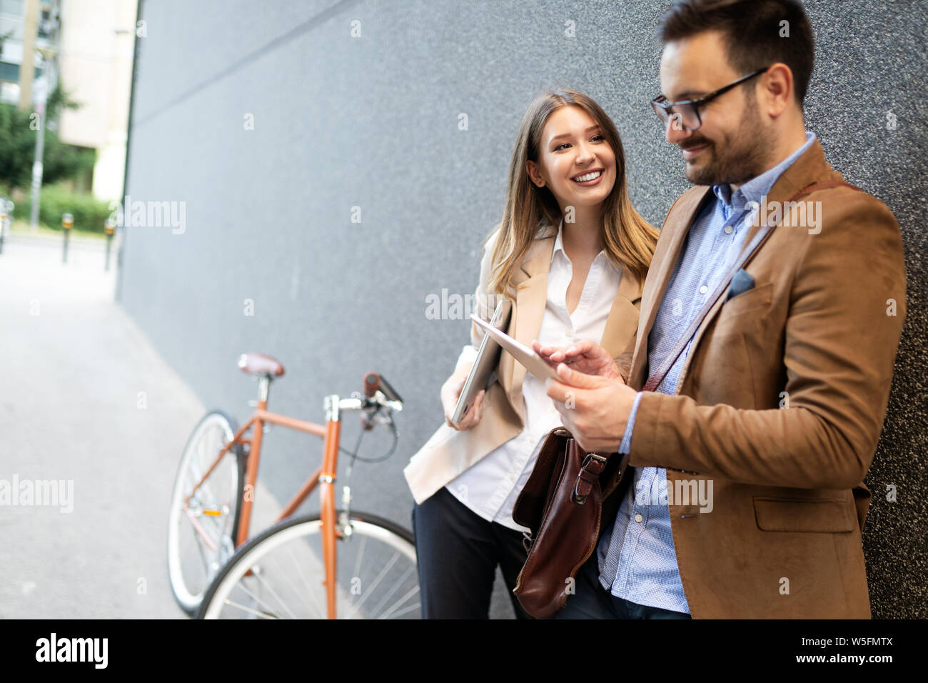 Office woman with business man couple enjoying break while talking ...