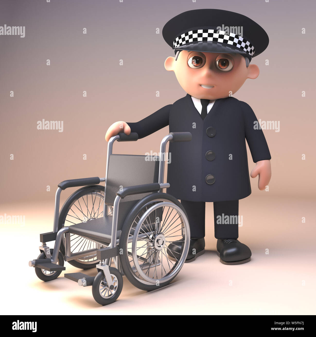 Helpful policeman police officer character in 3d offering a wheelchair ...