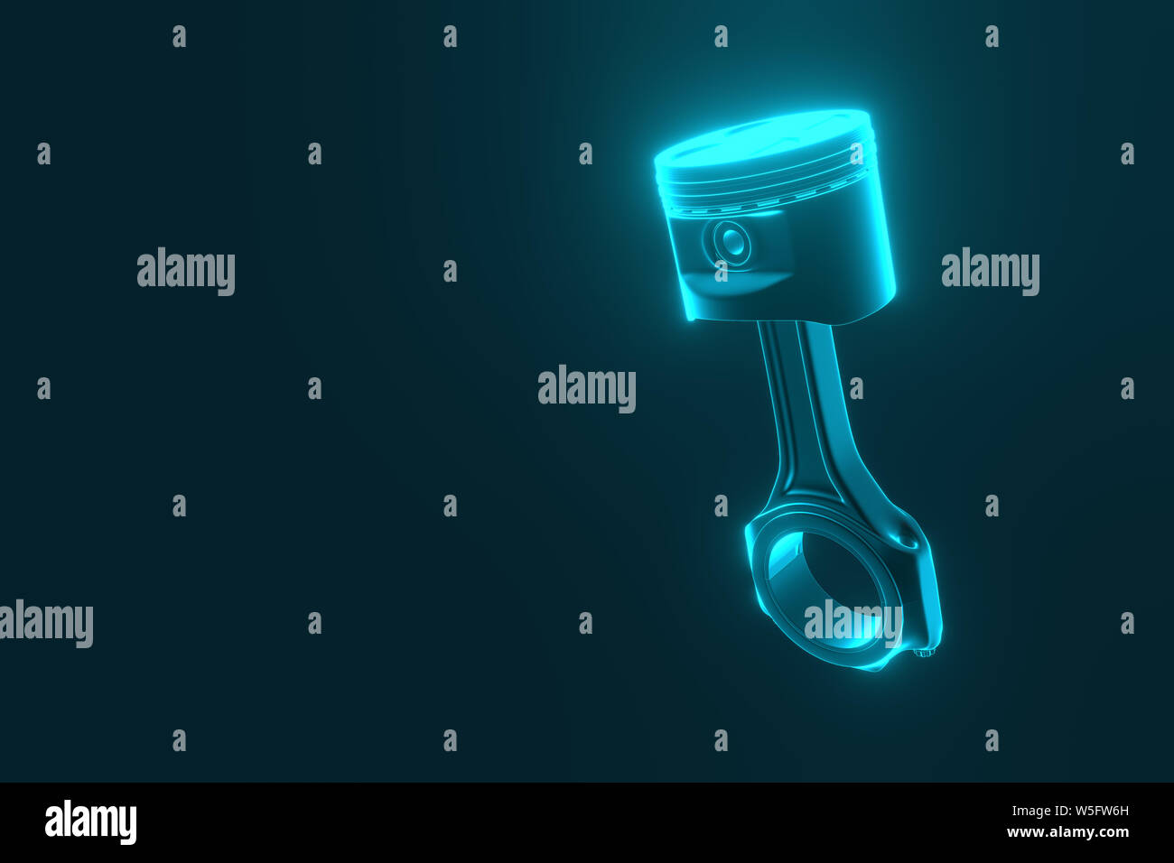 3D rendering. Engine piston with piston rings. Truck pistons on blue ...