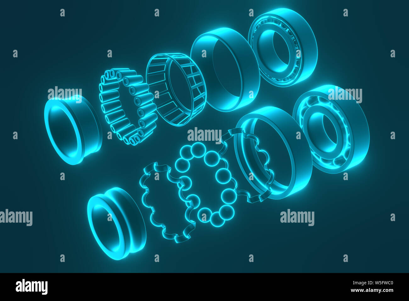 3D rendering. Automotive bearings auto spare parts. Ball bearing on a ...