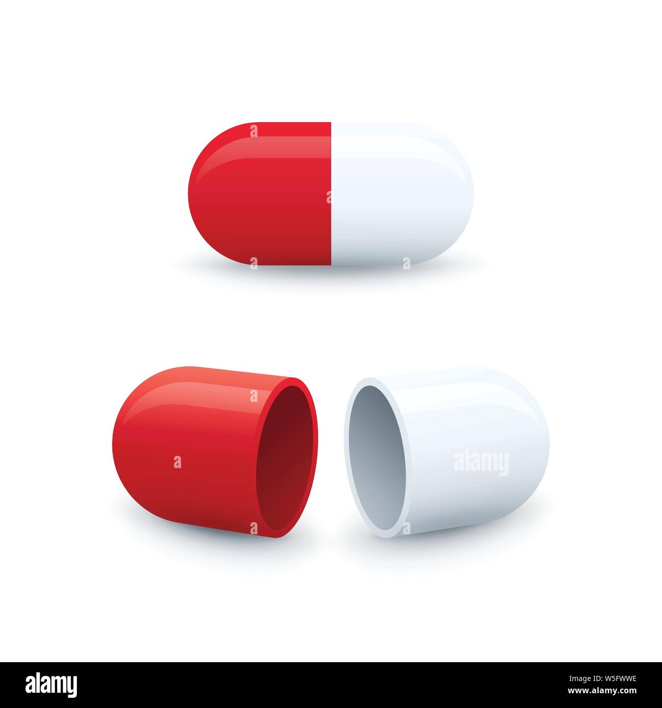 Realistic capsule symbols on white background. Three dimensional drug ...