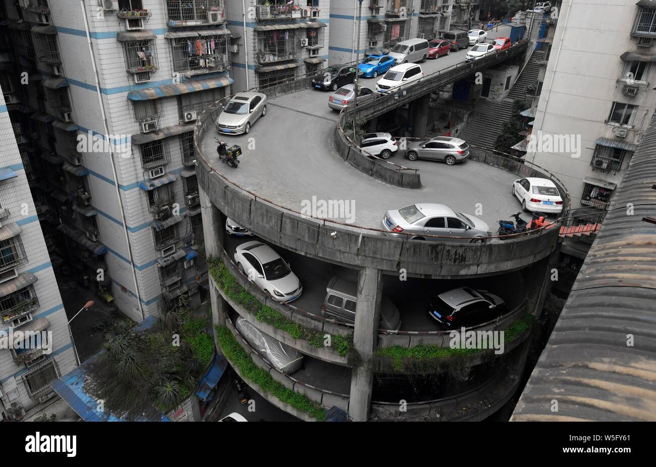 A worm's eye view from the bottom of the five-story spiral parking lot ...