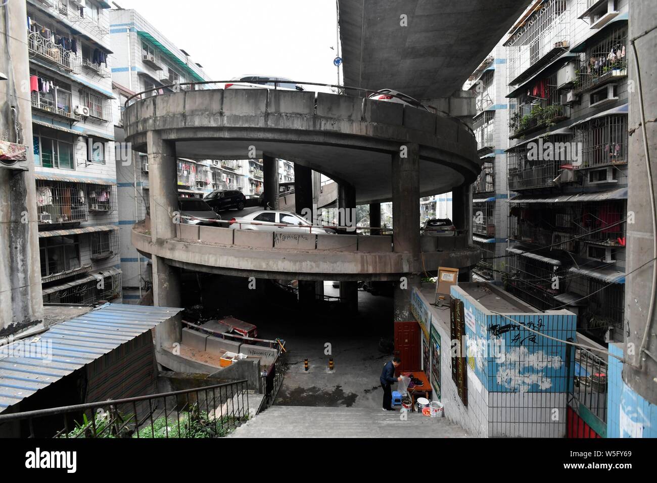 A worm's eye view from the bottom of the five-story spiral parking lot ...