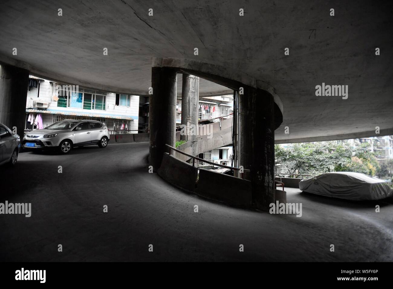 A worm's eye view from the bottom of the five-story spiral parking lot ...