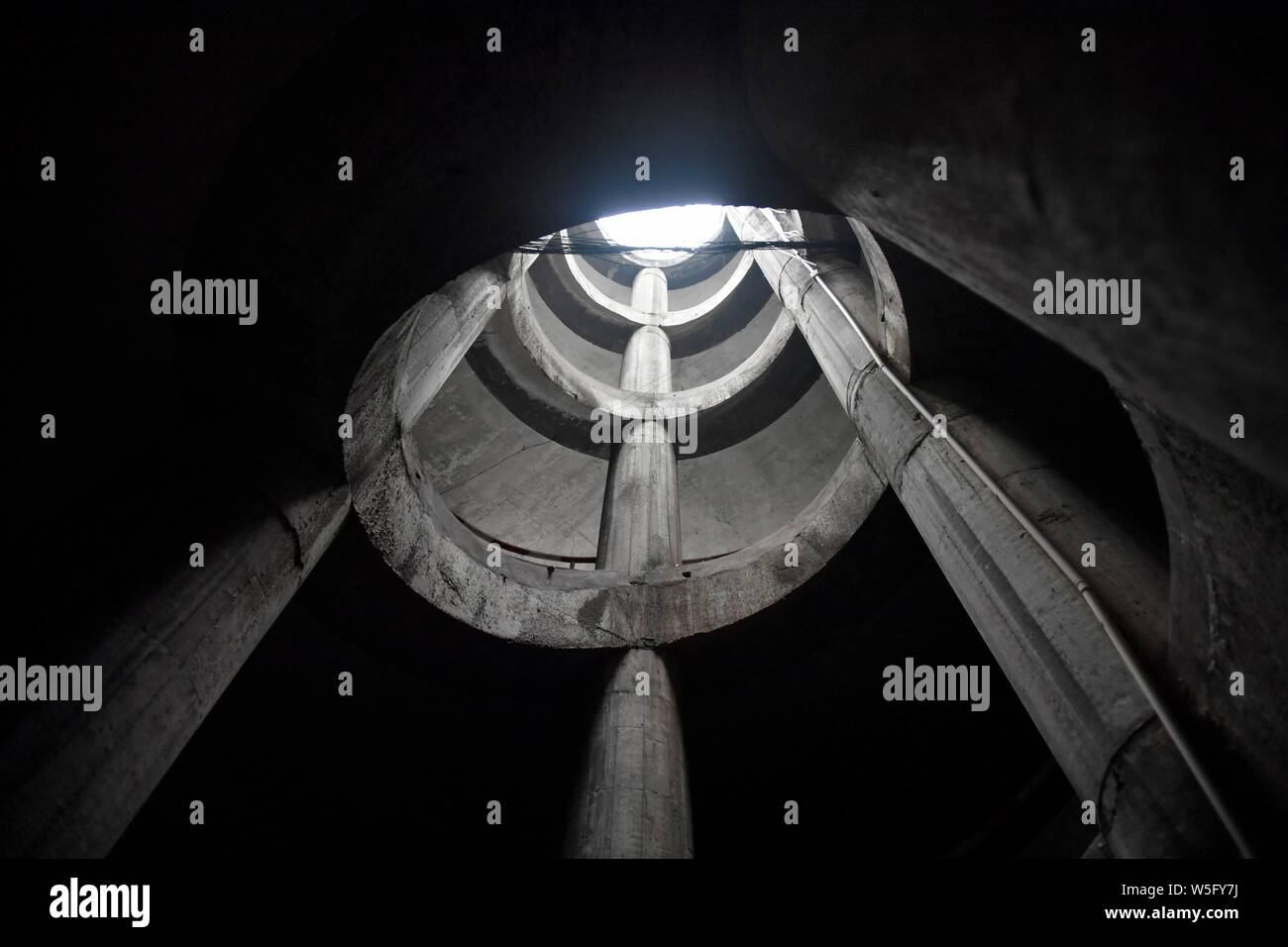 A worm's eye view from the bottom of the five-story spiral parking lot ...