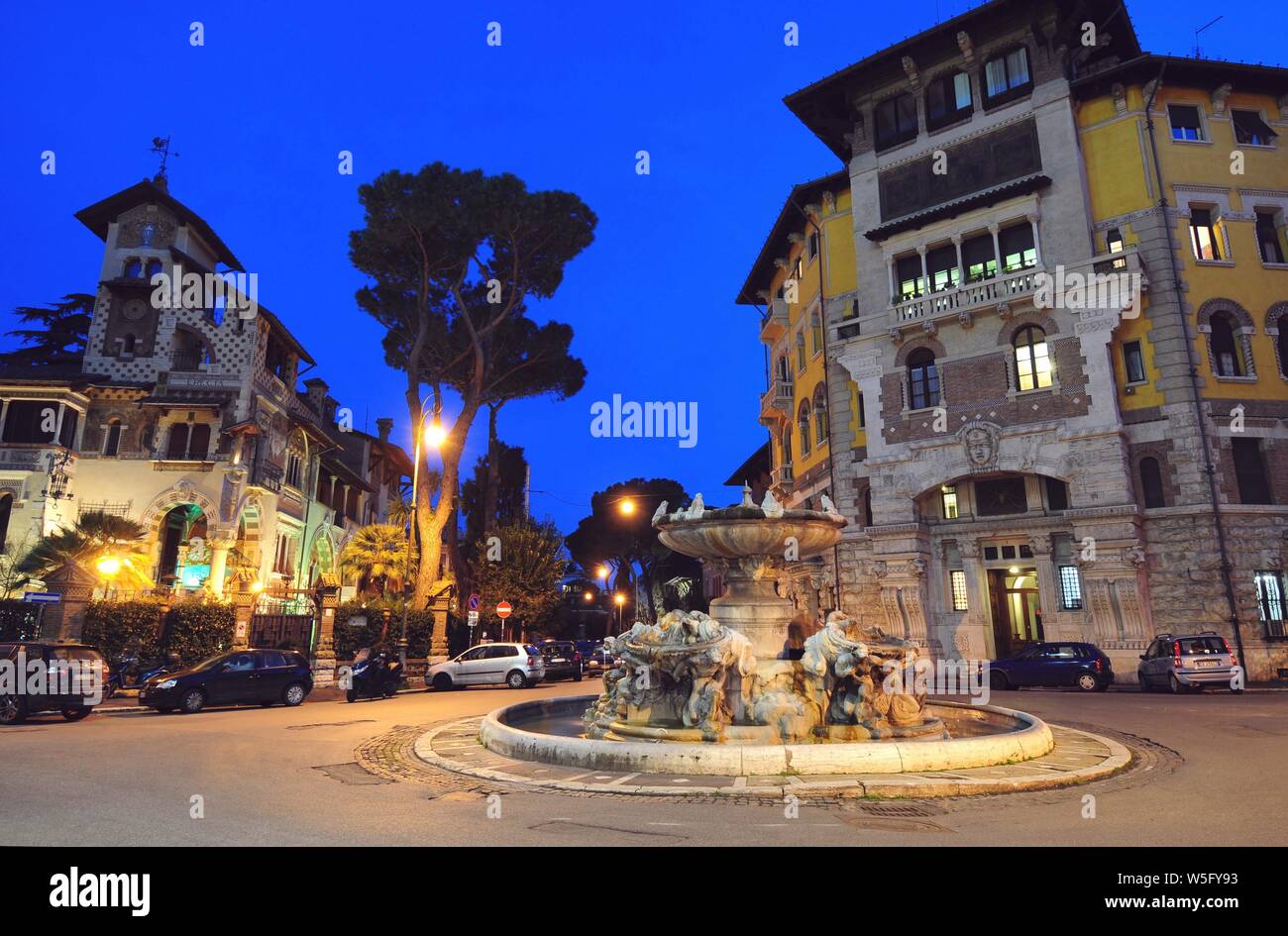 Italy, Rome, Coppedè district, Piazza Mincio with The Palazzo del Ragno ...