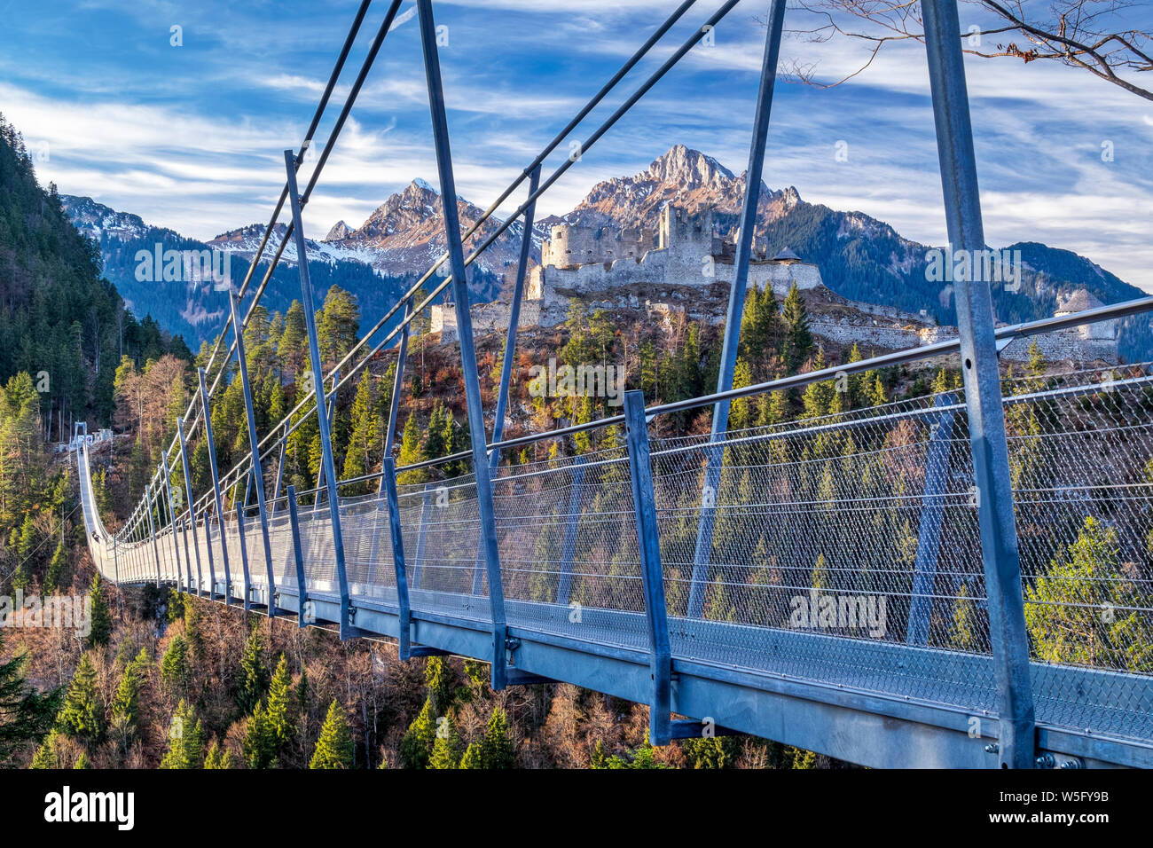 Austria, Tyrol. Naturparkregion Reutte, the suspension footbridge ...
