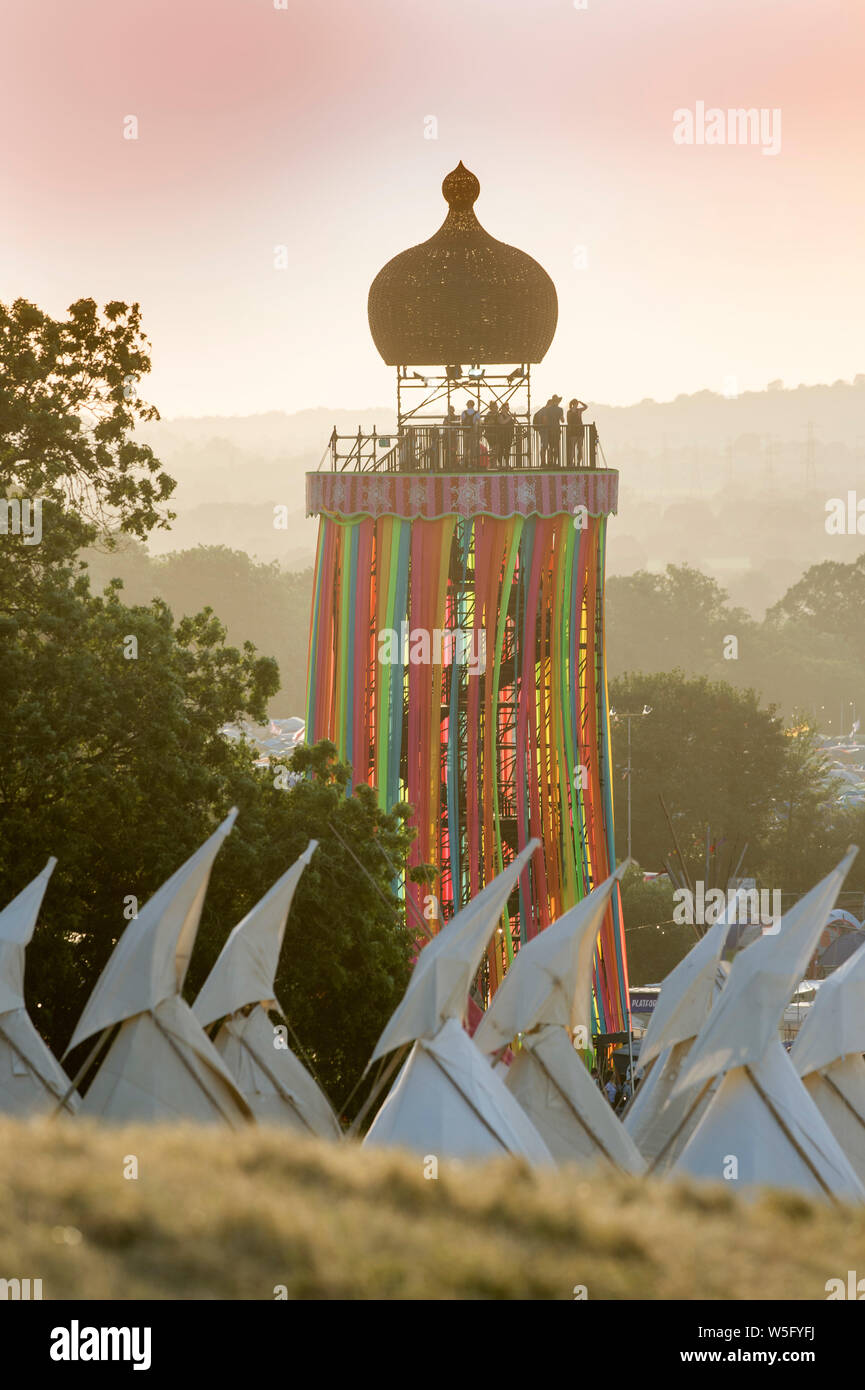 The Ribbon Tower at the Glastonbury Festival 2019 in Pilton, Somerset ...