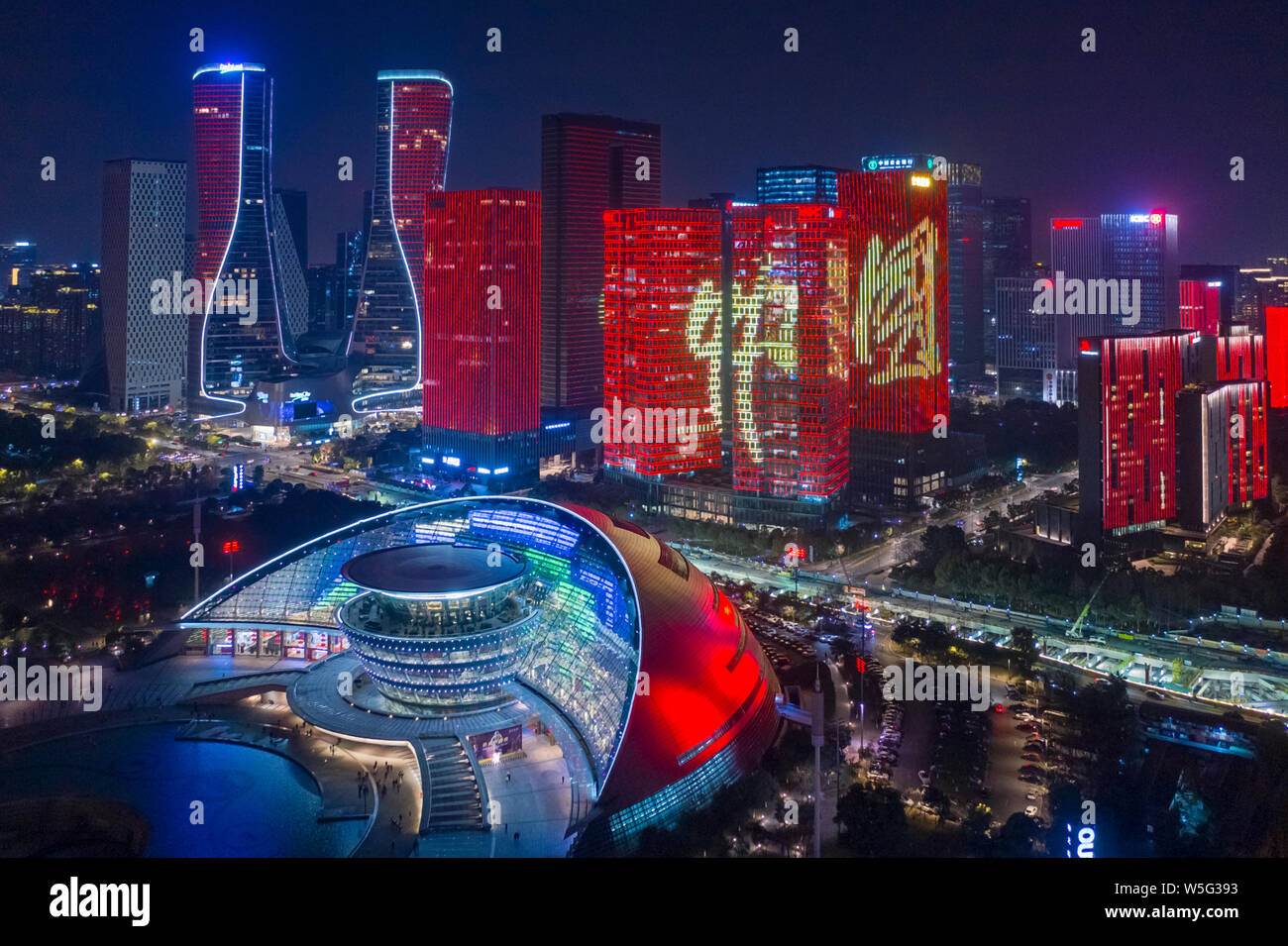 A night view of the Qianjiang New City in the west bank of Qiantang ...