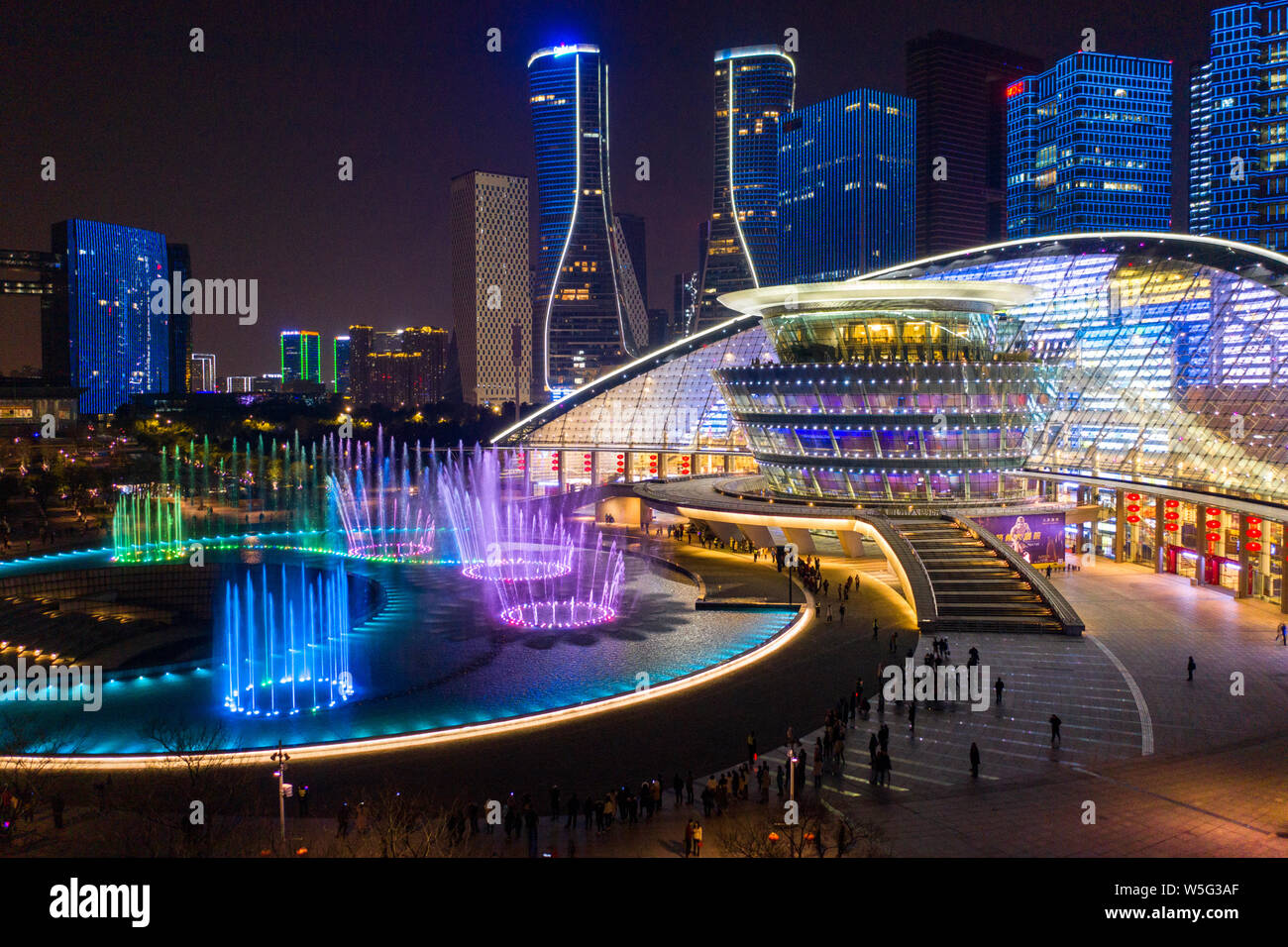 A night view of the Qianjiang New City in the west bank of Qiantang ...