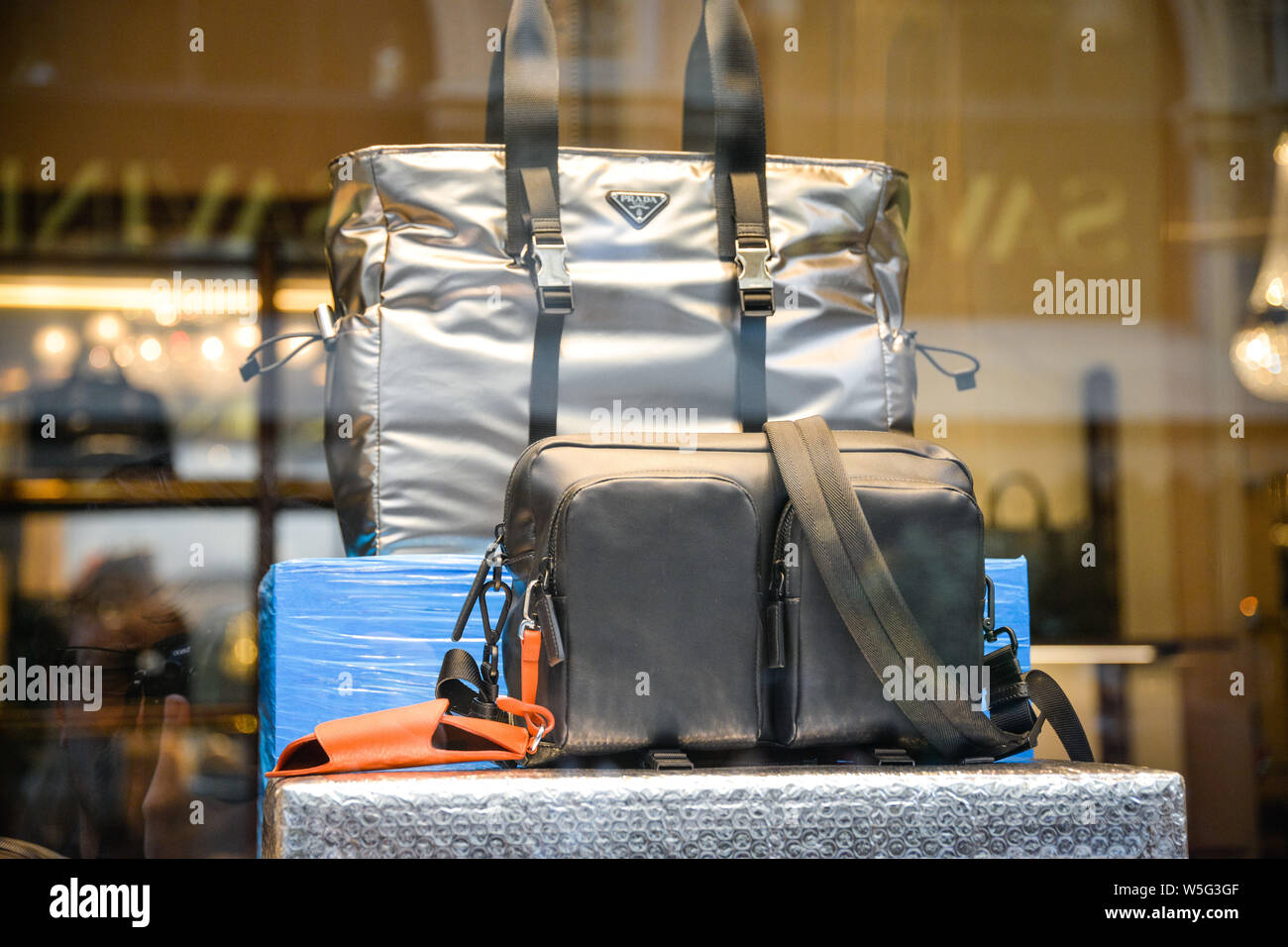 Milan, Italy - September 21, 2018: Prada store in Milan. Montenapoleone area. Fashion week Prada ...