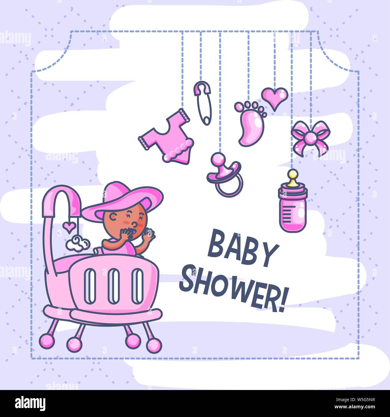 baby shower card with newborn and objects hanging vector illustration ...