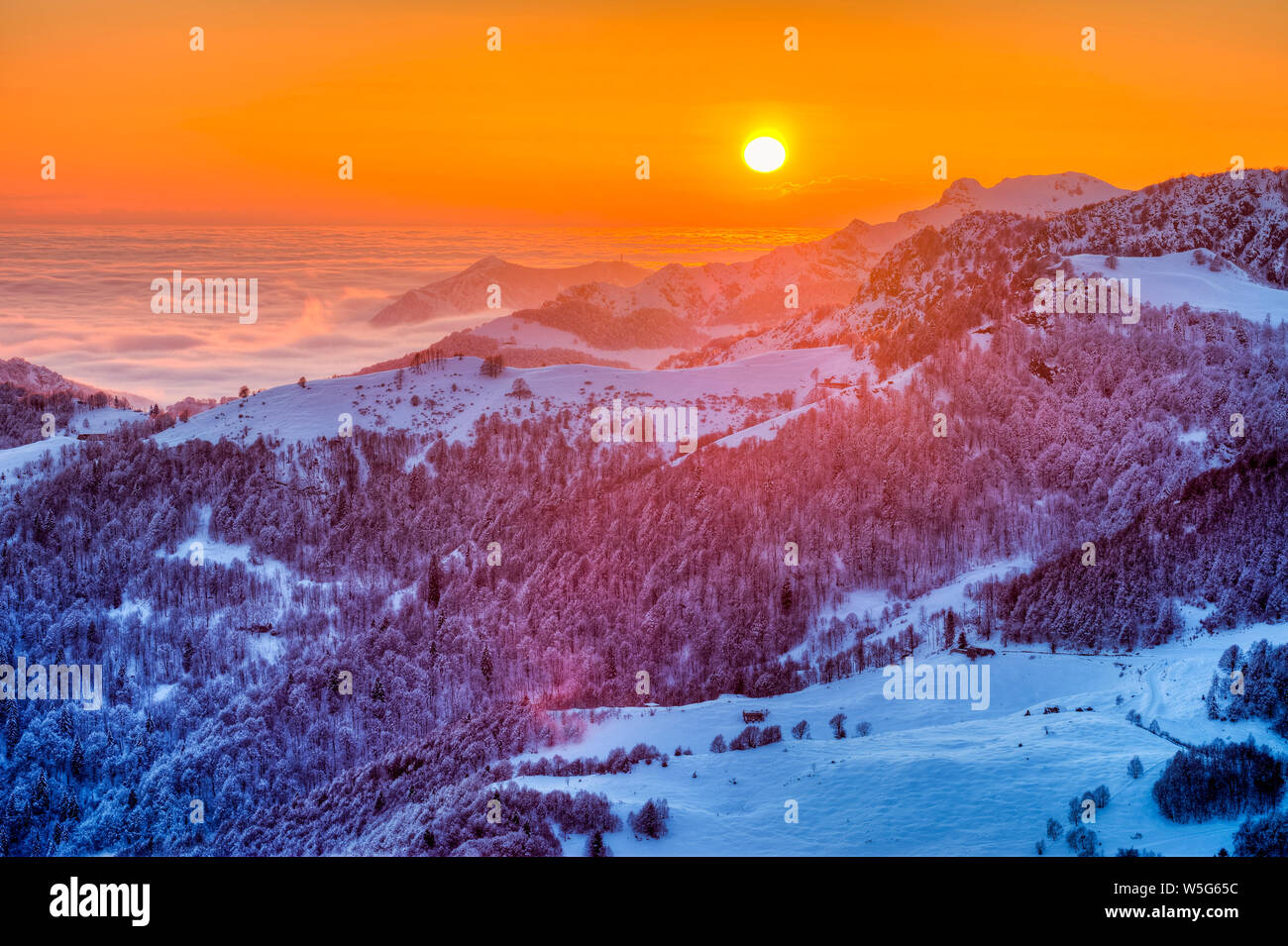Italy, Lombardy, Orobie Alps Regional Park, foothills of the Alps from ...