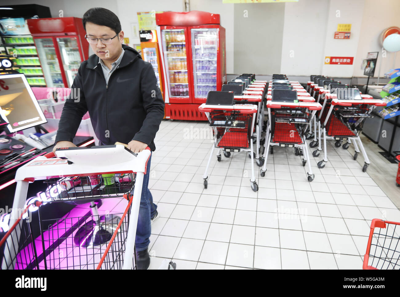 View of smart carts with scan-to-pay smart screens to improve the ...