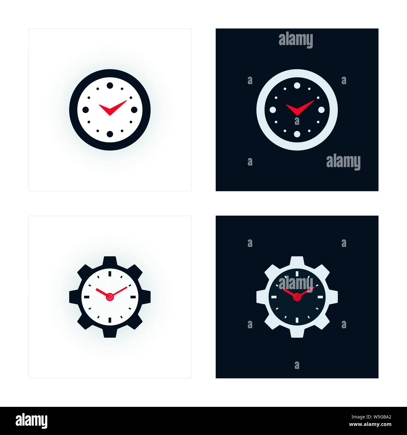 Simplicity and gear shaped clocks icons on white background. Clock ...