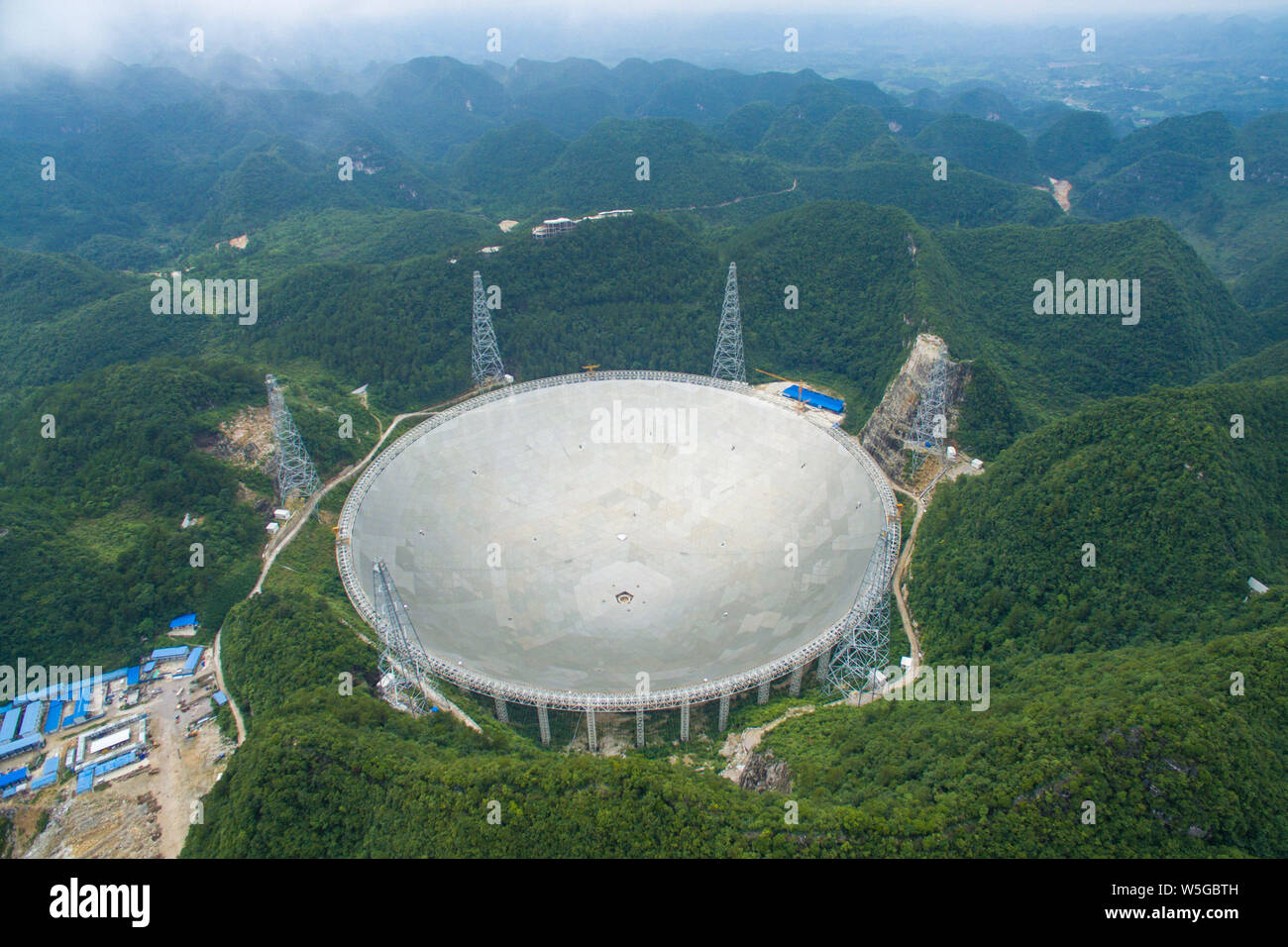 Aerial view of the world's largest radio telescope called FAST (Five ...