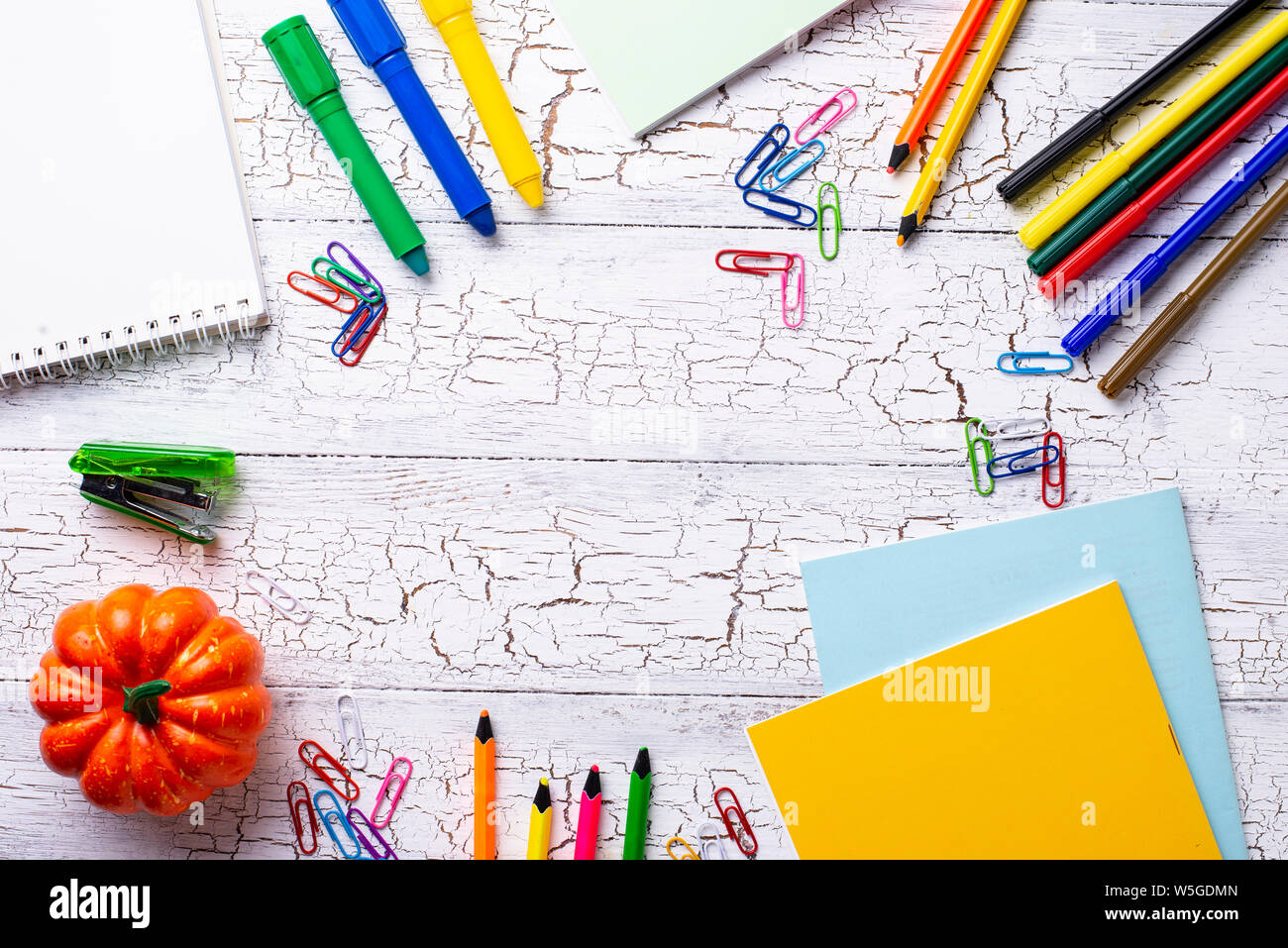 Different colorful stationery for student Stock Photo - Alamy