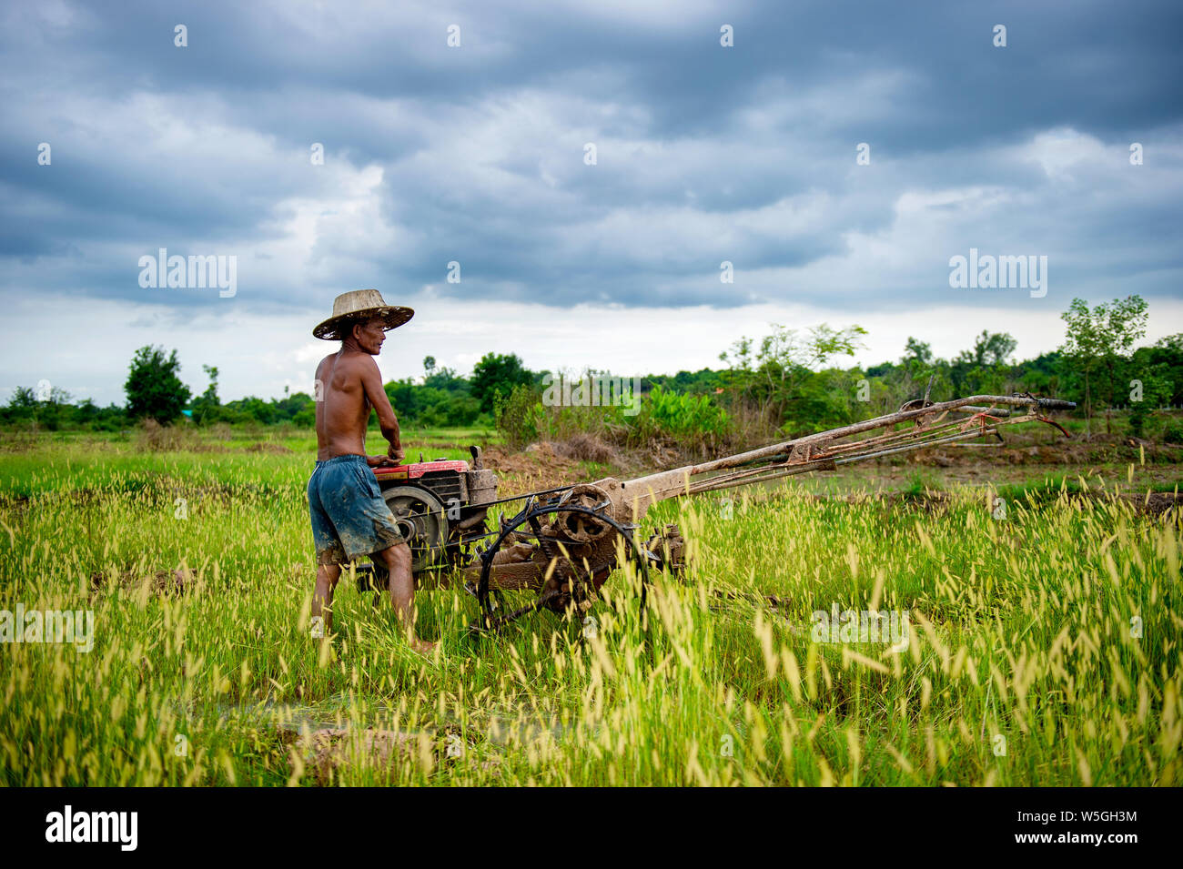 A Thai Farmer and his hand tractor in the fields of Nakhon Nayok ...