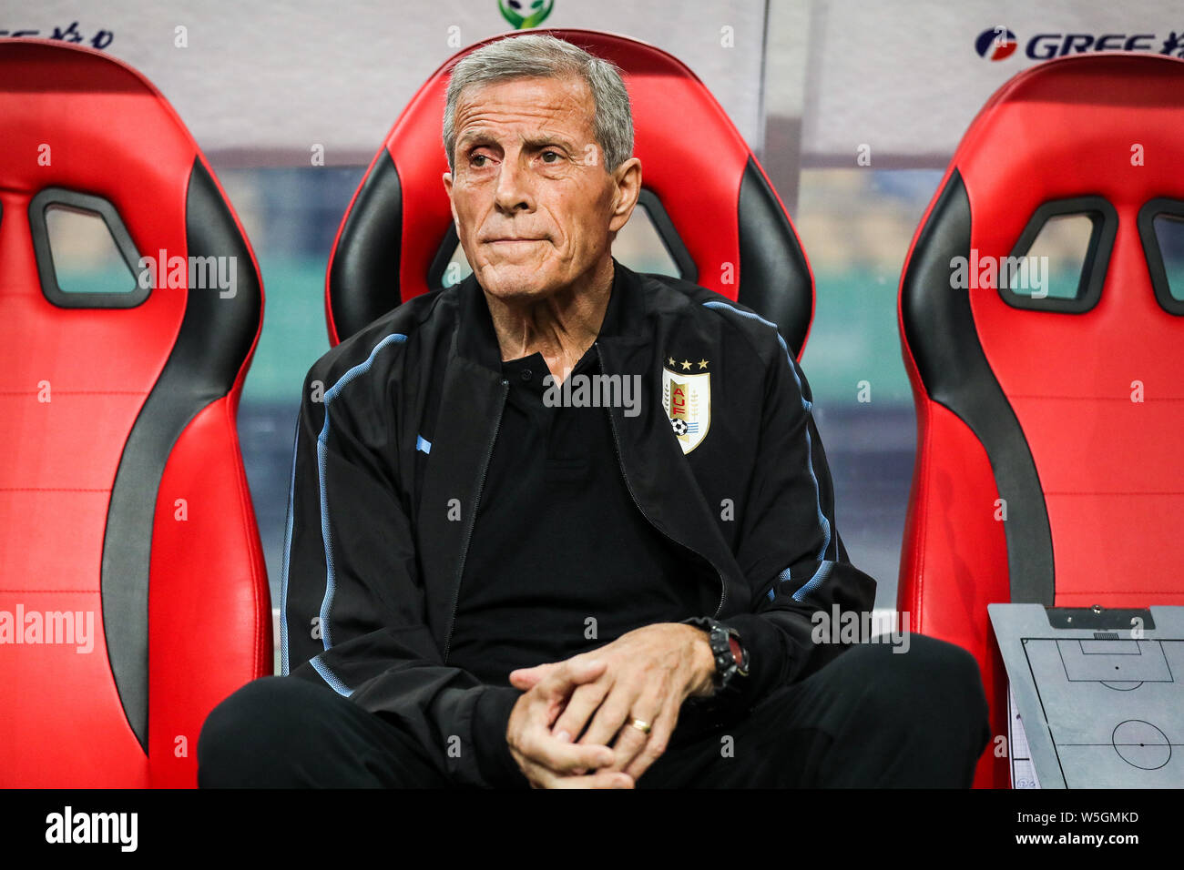 Head coach Oscar Tabarez of Uruguay looks on before their semi-final ...
