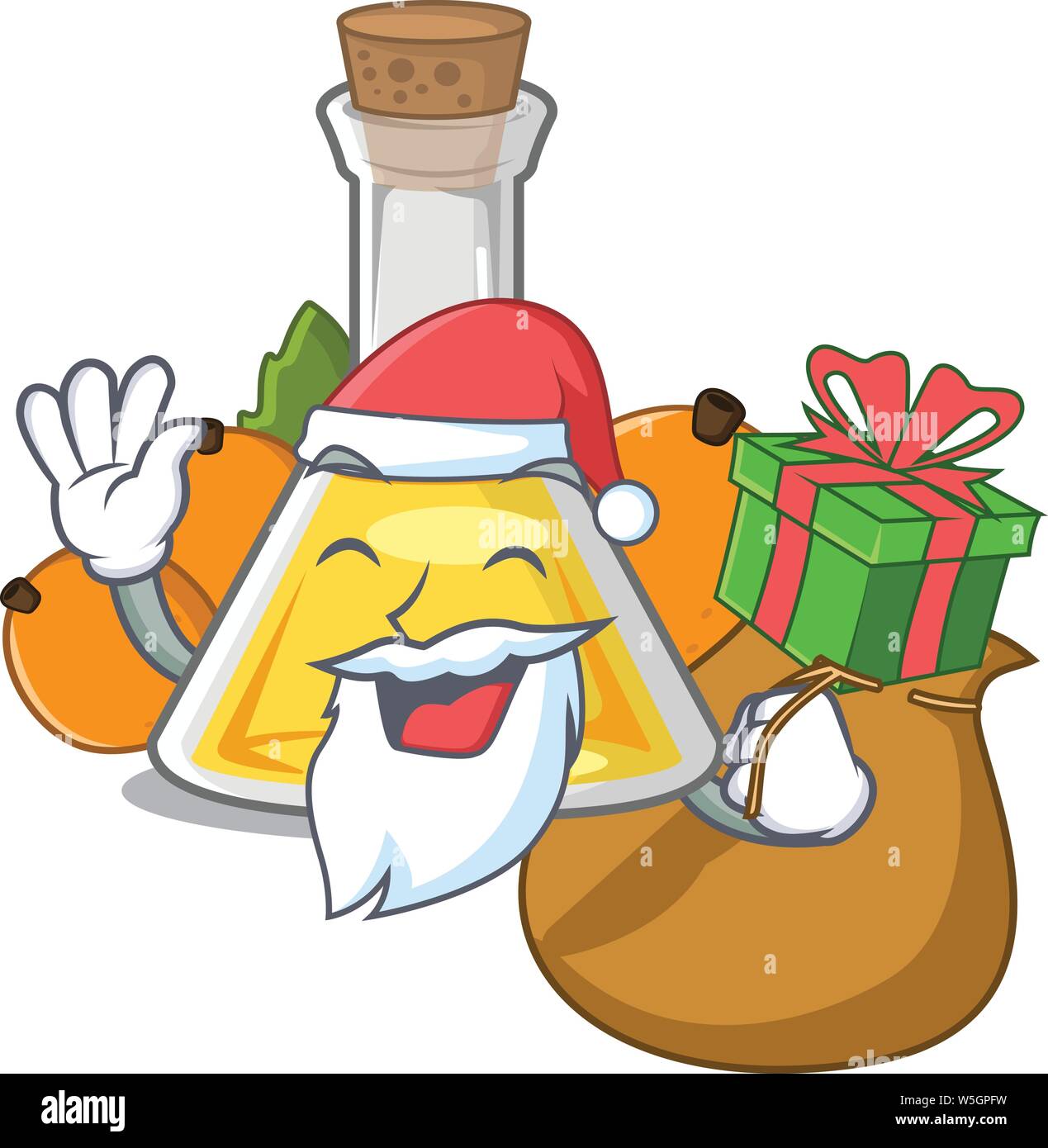 Santa with gift apricot oil above cartoon wood table vector ...