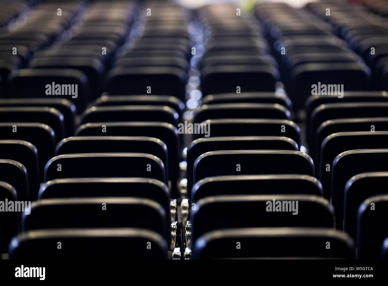 Back view on black chairs in big empty congress room Stock Photo - Alamy