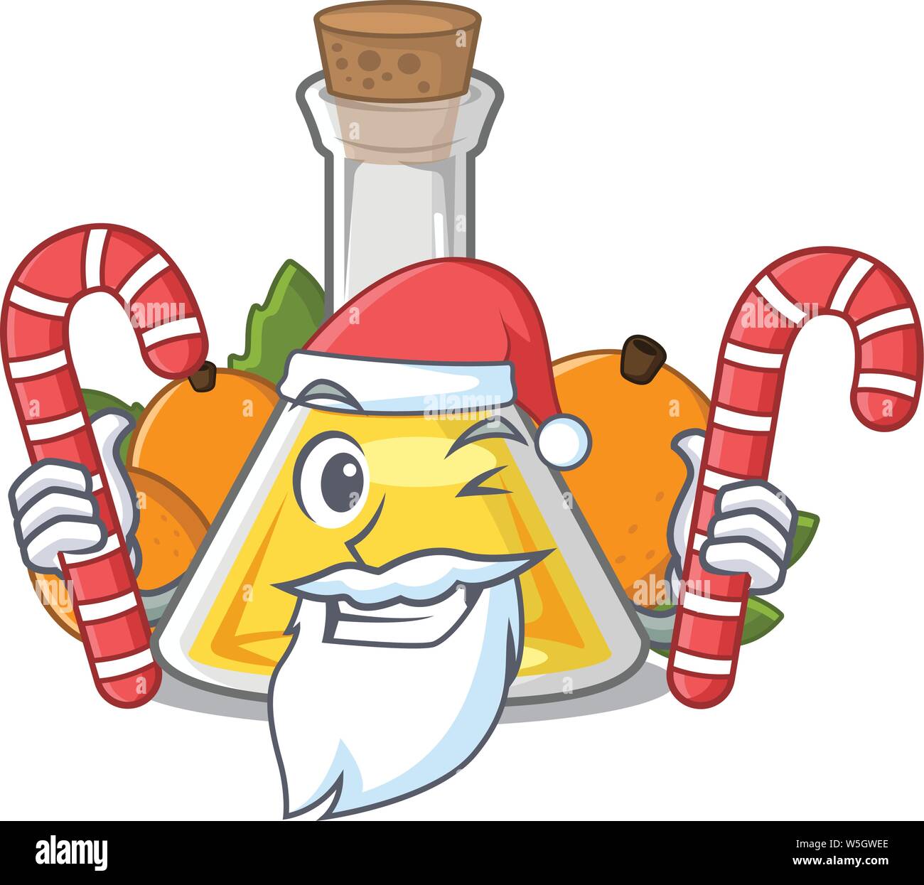 Santa with candy apricot oil above cartoon wood table vector ...