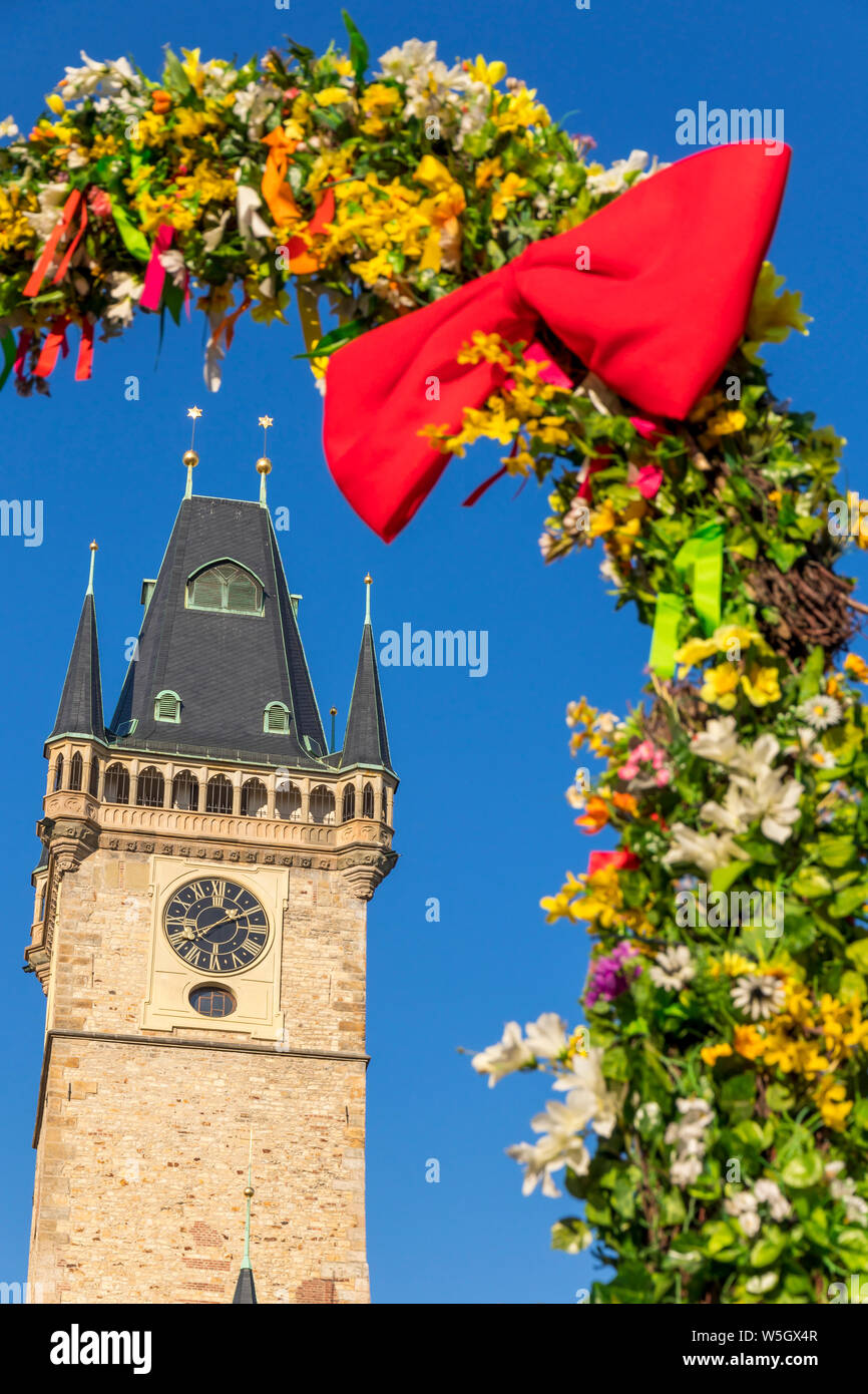 Tower of the old town hall seen from the Easter Market at the old town market square, UNESCO ...