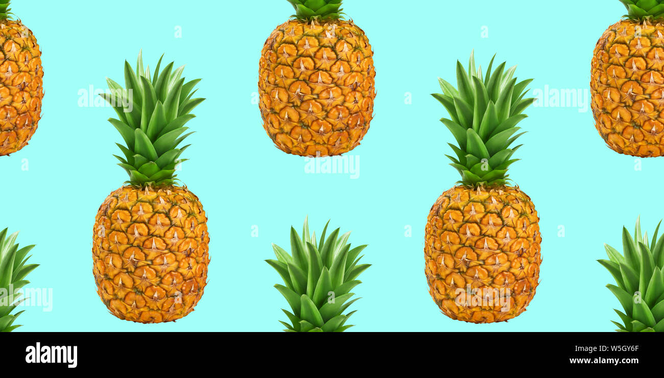 Pineapple, summer ananas seamless pattern on blue color background ...