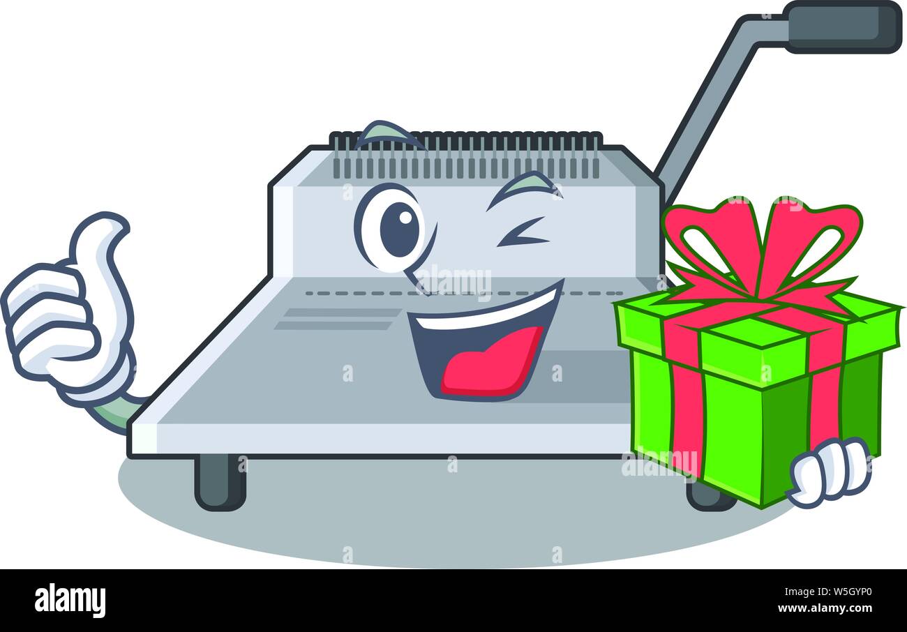 With gift binding machine above wood table cartoon vector illustration ...