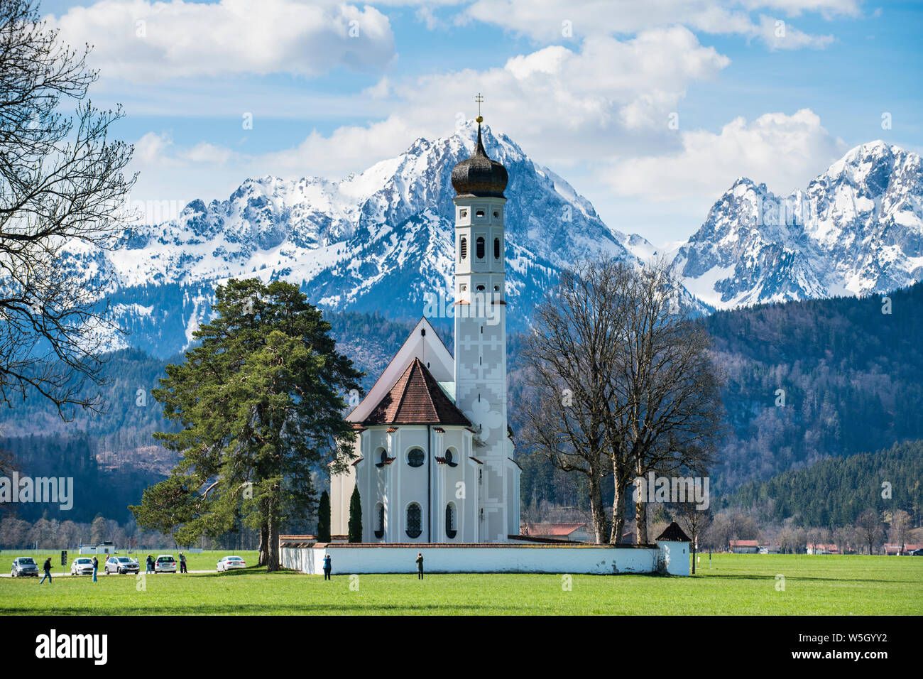 Catholic Church of St. Coloman with the Alps behind, Schwangau, Bavaria ...