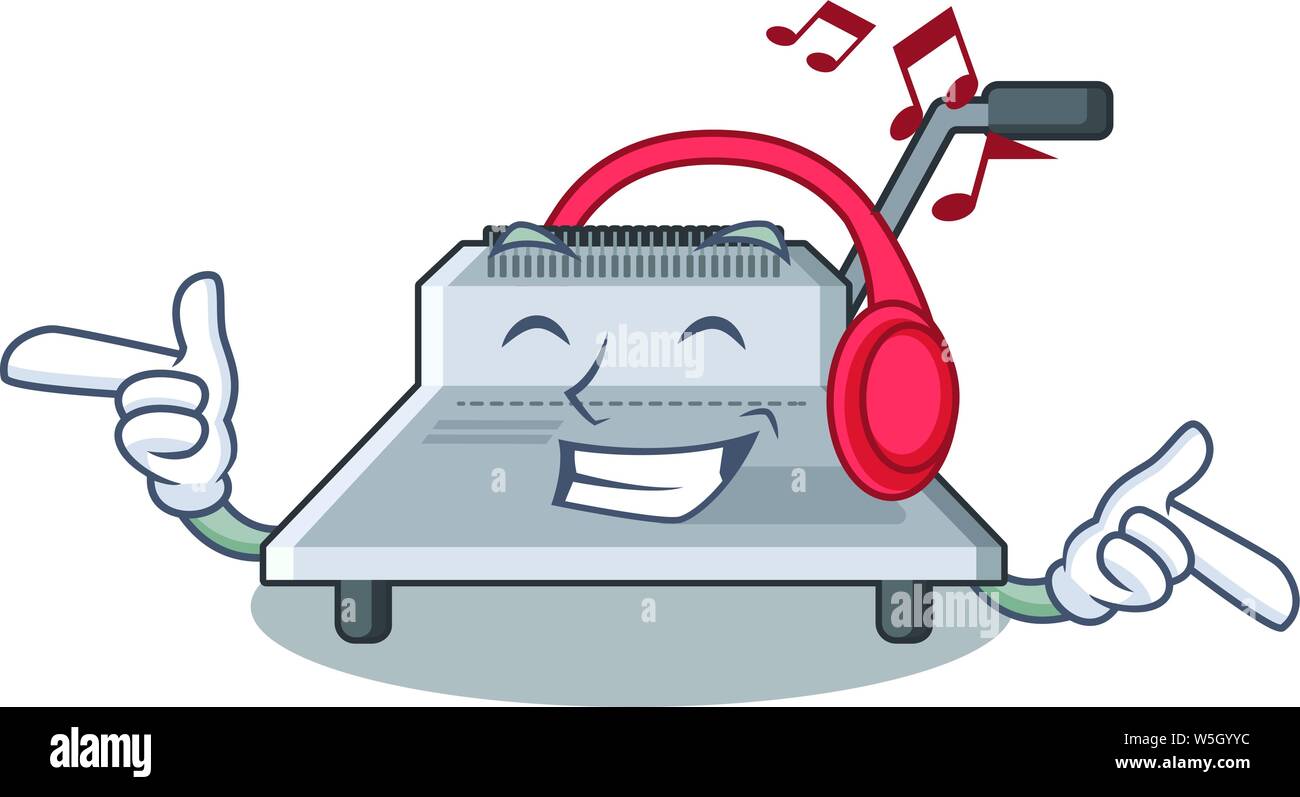 Listening music binding machine above wood table cartoon vector ...