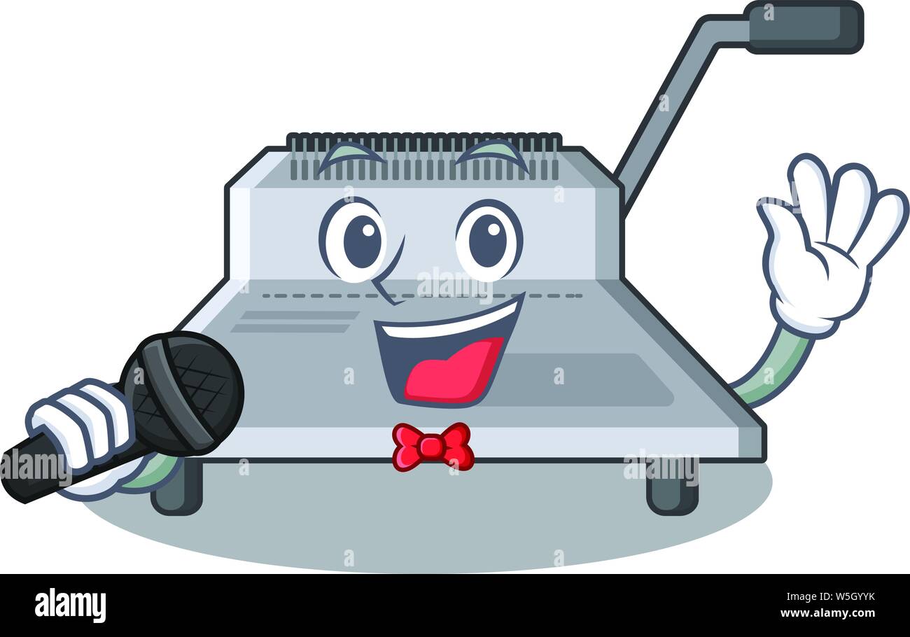 Singing binding machine above wood table cartoon vector illustration ...