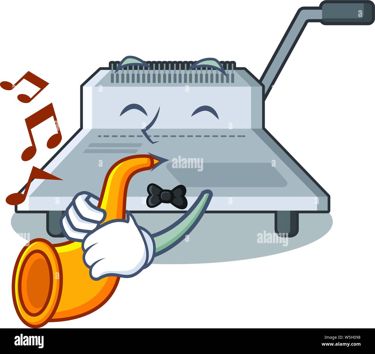 With trumpet binding machine above wood table cartoon vector ...