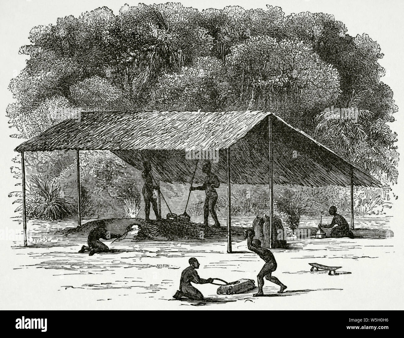 Central Africa. Expedition of Stanley. A forge and smithy at Wane ...