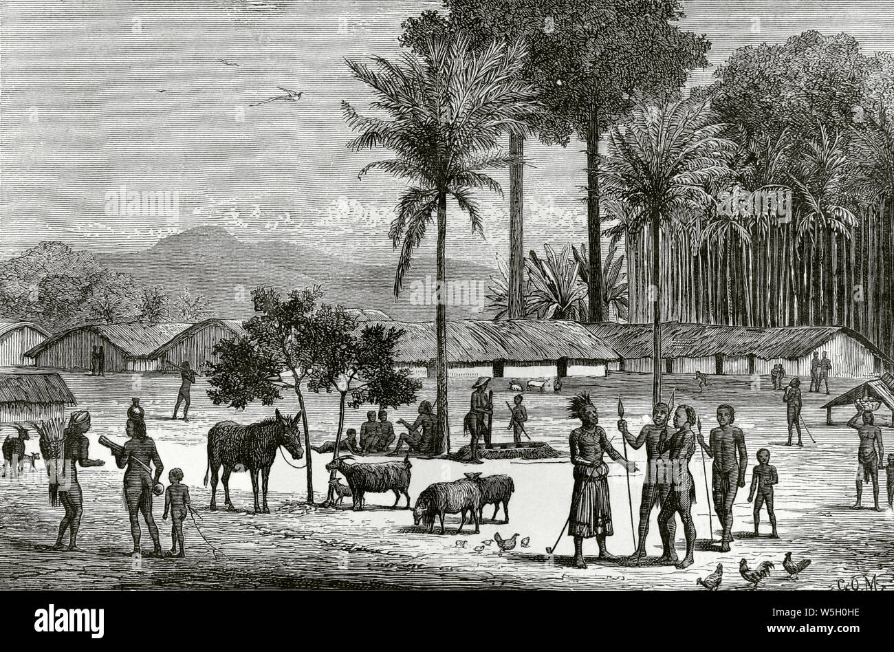 Central Africa. Expedition of Stanley. A village in Manyema (Bantu ...