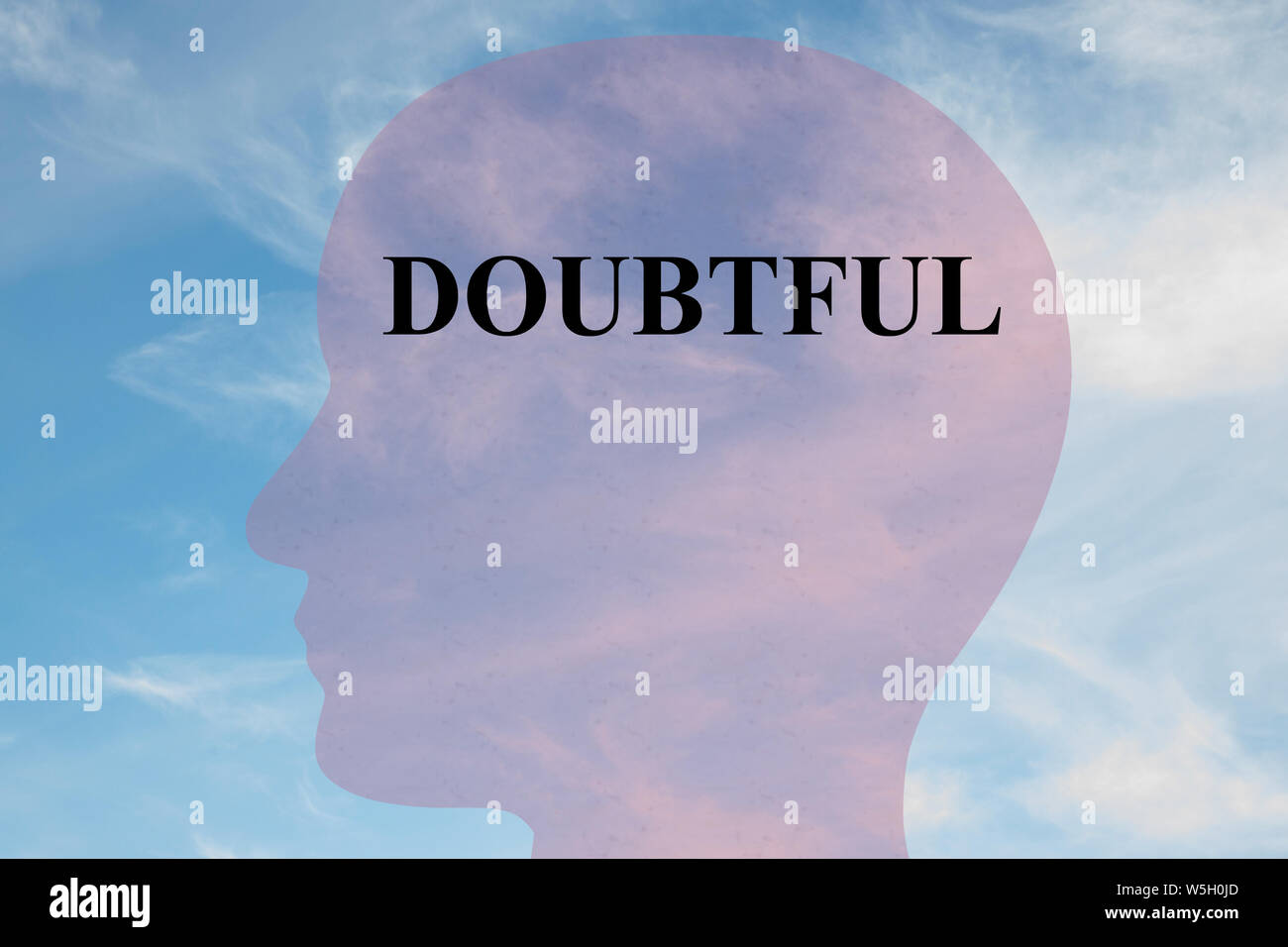 Render illustration of DOUBTFUL title on head silhouette, with cloudy ...