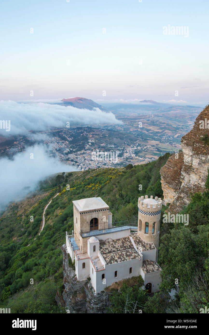 High angle view from clifftop over the Torretta Pepoli, clouds drifting ...