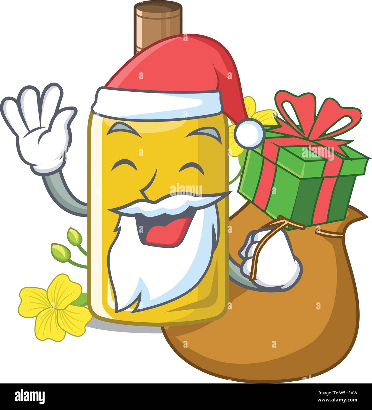 Santa with gift canola oil poured into cartoon glass vector ...