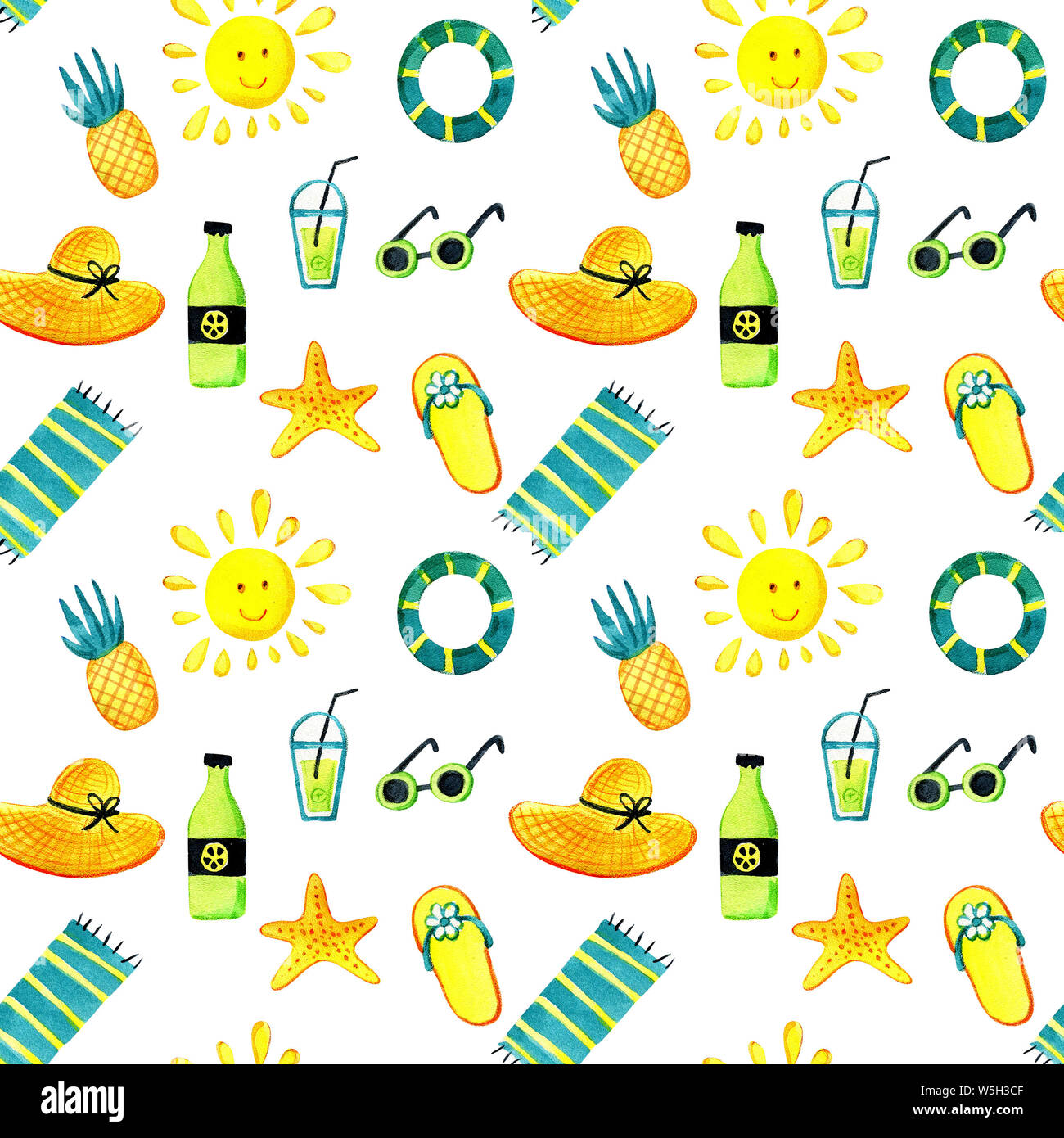 Seamless background of isolated objects of summer theme with watercolor ...