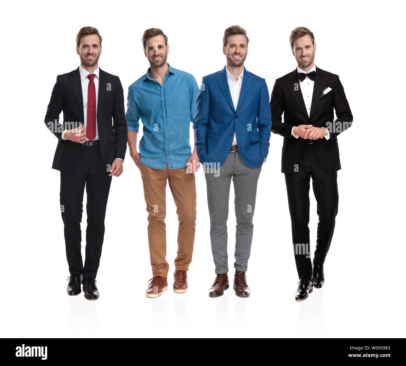 Elegant man posing with four different clothing styles and positions ...
