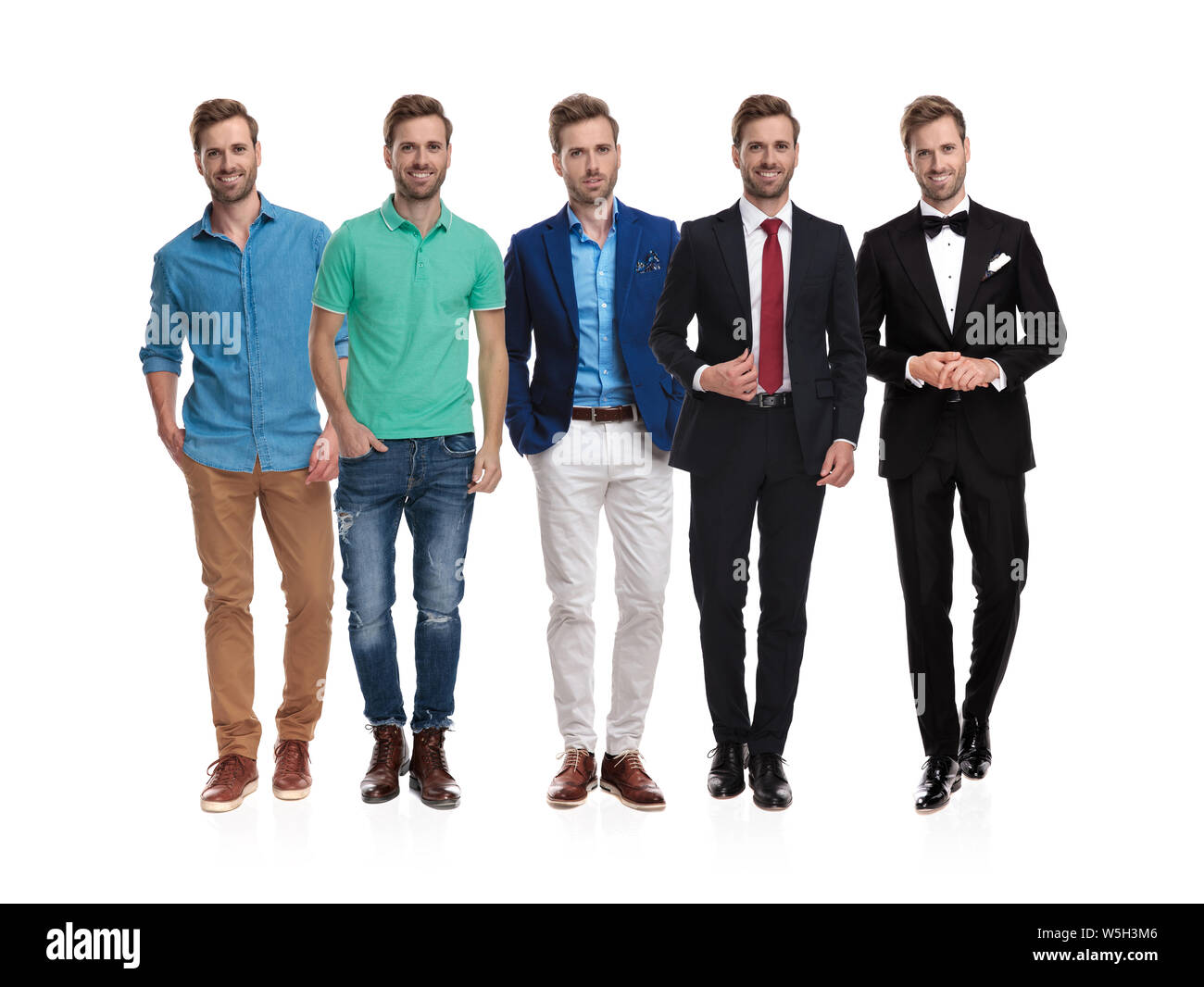 Same happy man posing in different positions and outfits in a collage ...