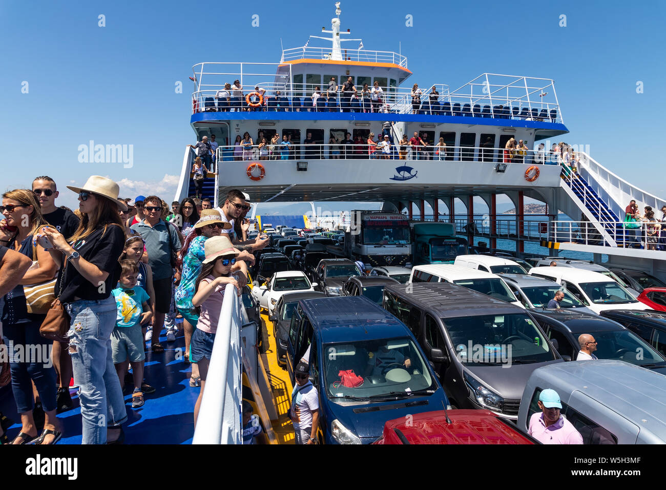 Thassos, Greece - July 20, 2019: Big ferry boat deck with passengers ...