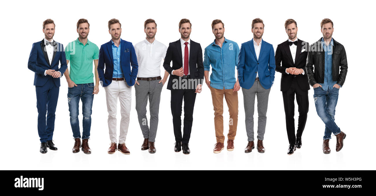 Collage image of the same happy young man wearing different clothes and ...