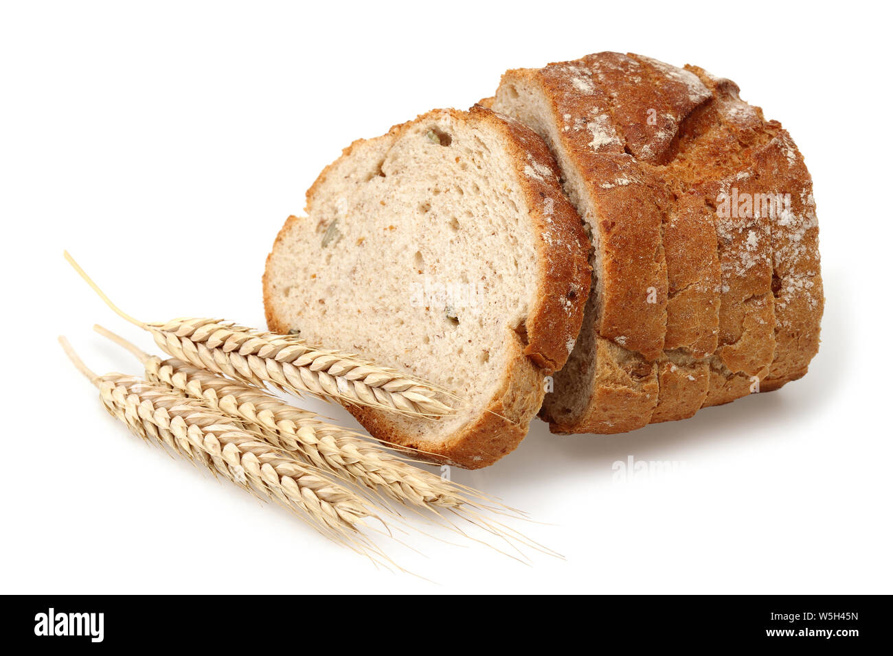 Bread slice and wheat ears isolated on white background Stock Photo - Alamy